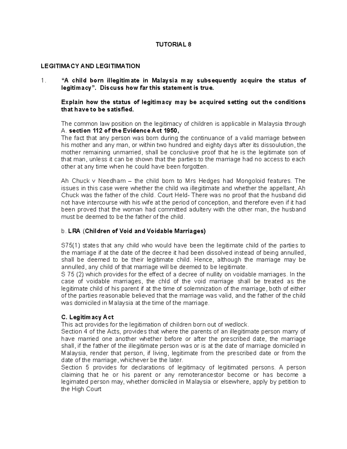 Tutorial Questions-legitimacy - TUTORIAL 8 LEGITIMACY AND LEGITIMATION ...