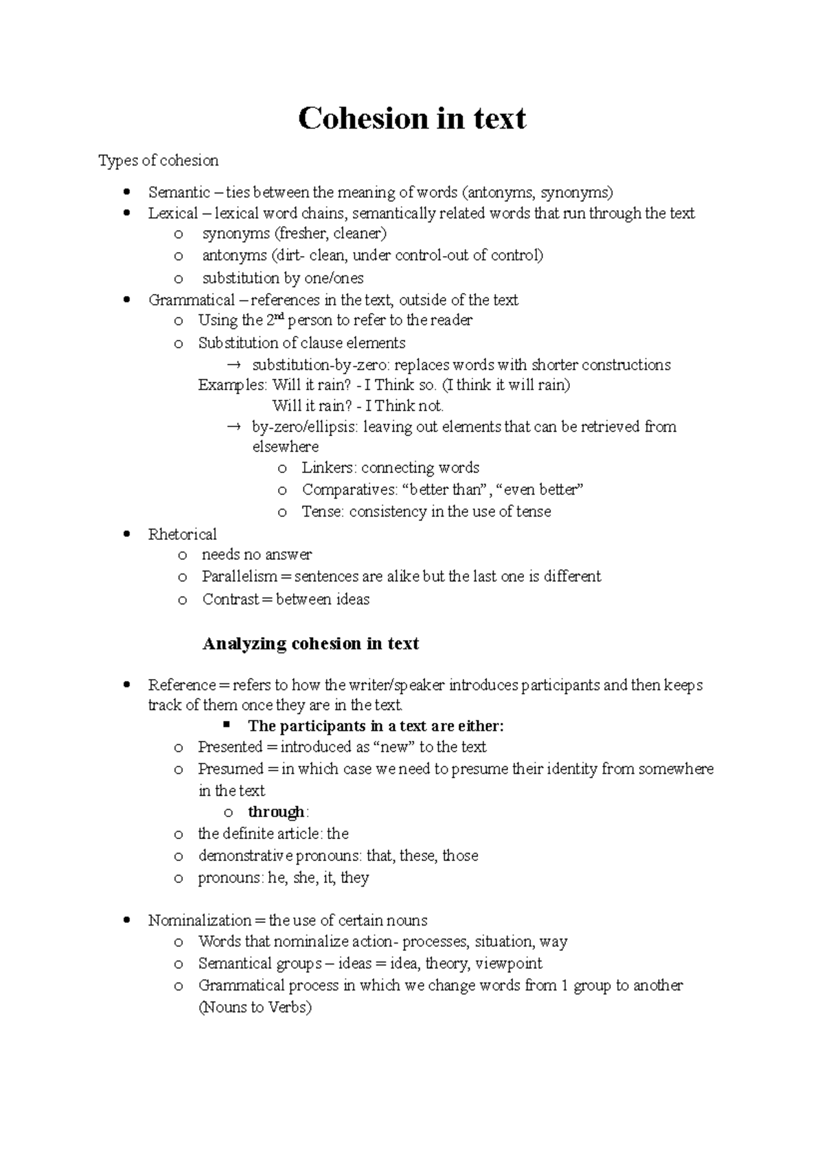 Cohesion in text - Lecture notes 4,5,6, - Cohesion in text Types of ...