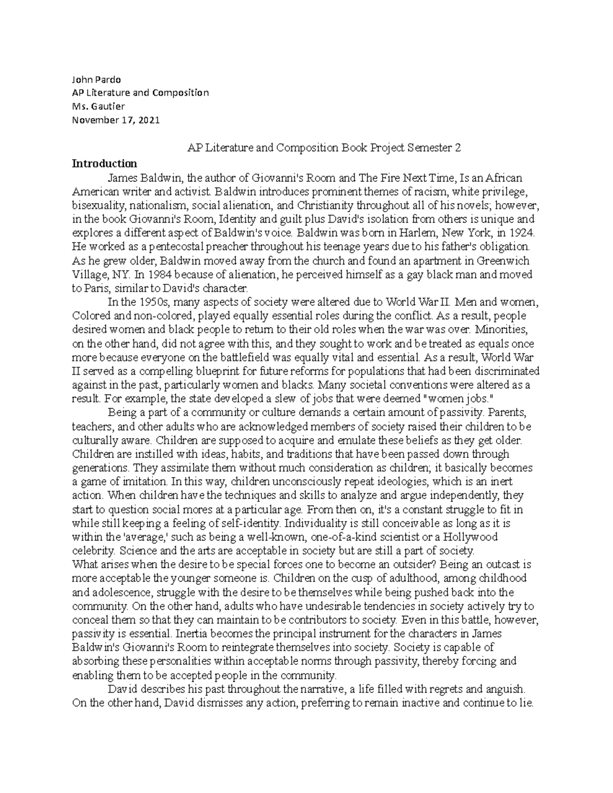 Book Project-2 - Book project - John Pardo AP Literature and ...