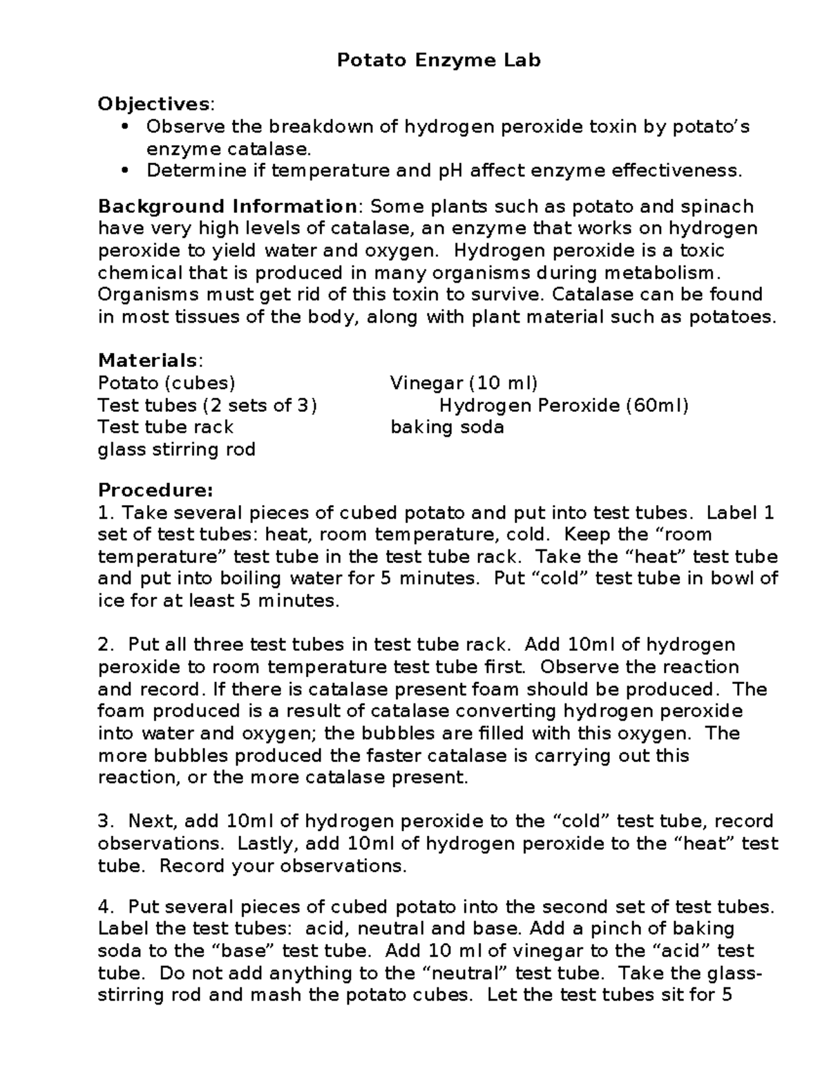 Potato Enzyme Lab honors - Potato Enzyme Lab Objectives: Observe the ...