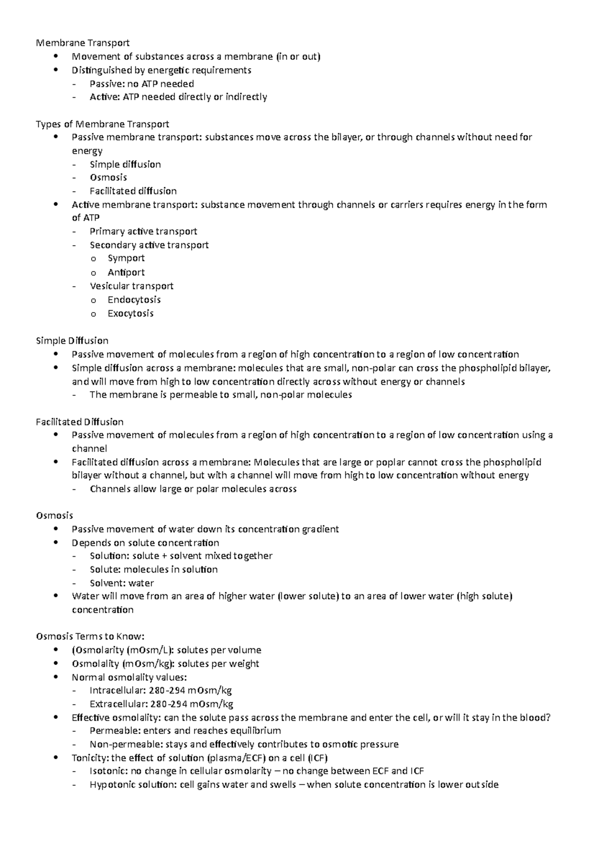 Membrane Transport notes - Membrane Transport Movement of substances ...