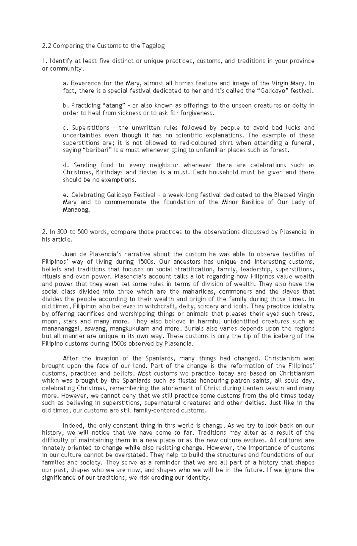 Readings In PH History Customs Of Tagalog 2 Comparing The Customs To