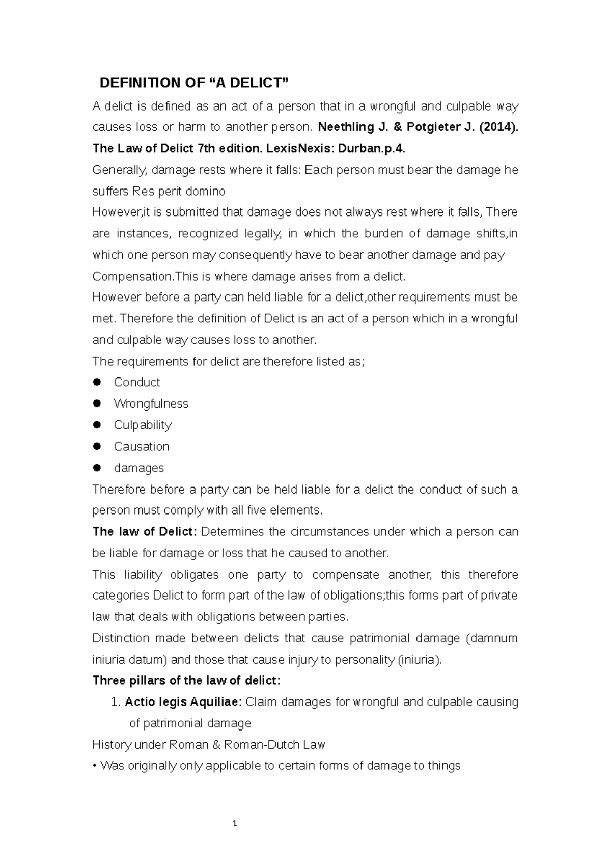 LAW OF Delict EXAM Notes - DEFINITION OF “A DELICT” A delict is defined ...