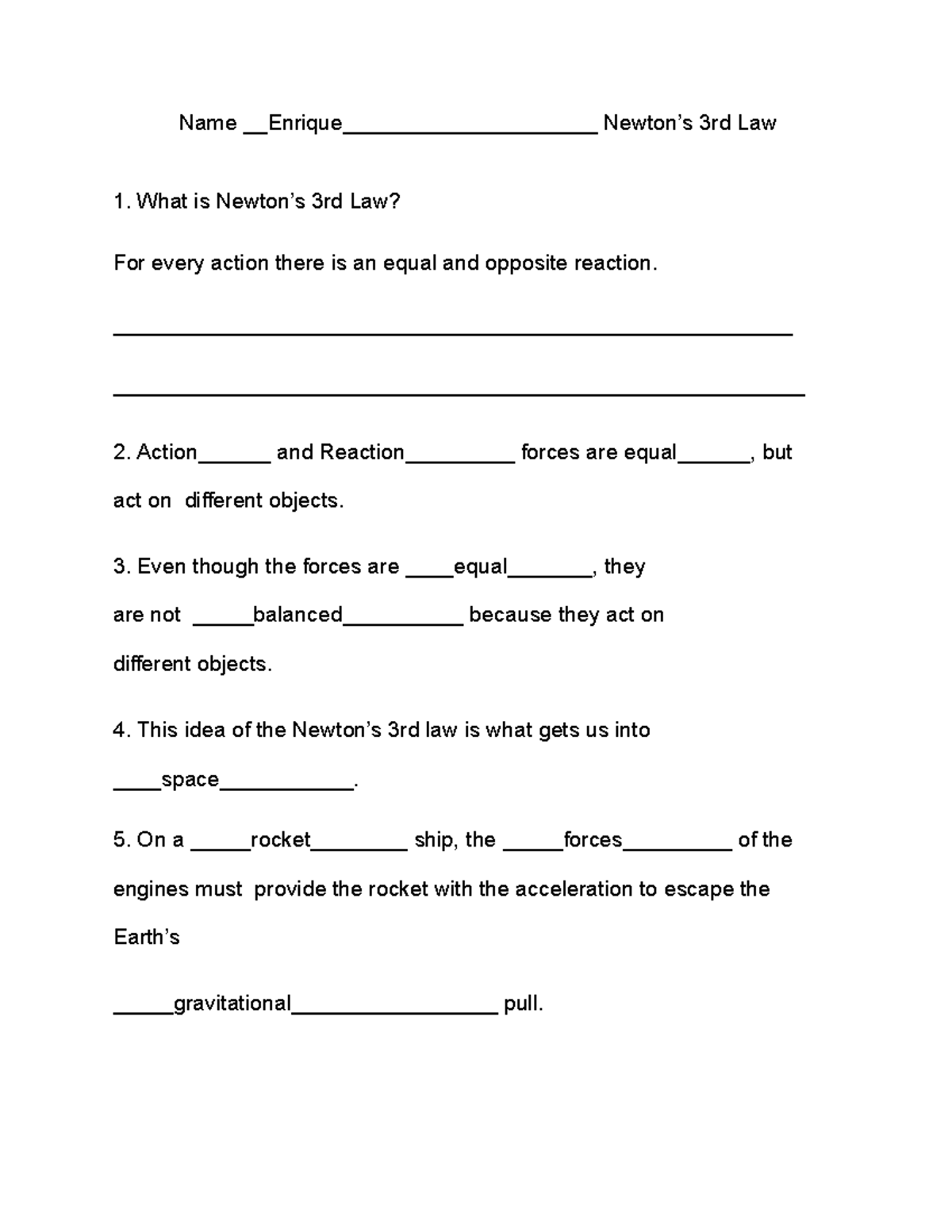 Newtons 3rd Law Student Notes - Name Enrique___________________ Newton ...