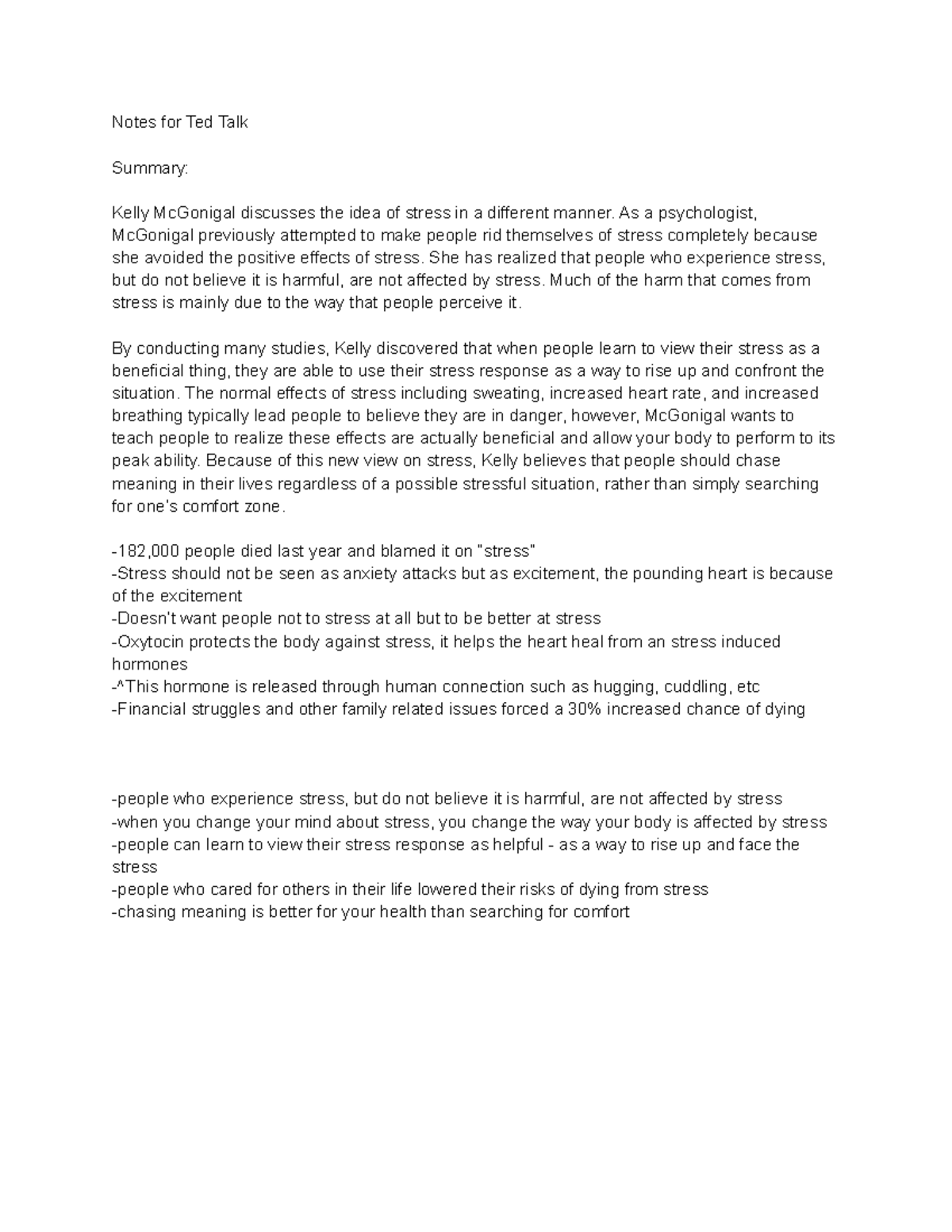 Bus 102 Ted Talk Assignment - Notes for Ted Talk Summary: Kelly ...