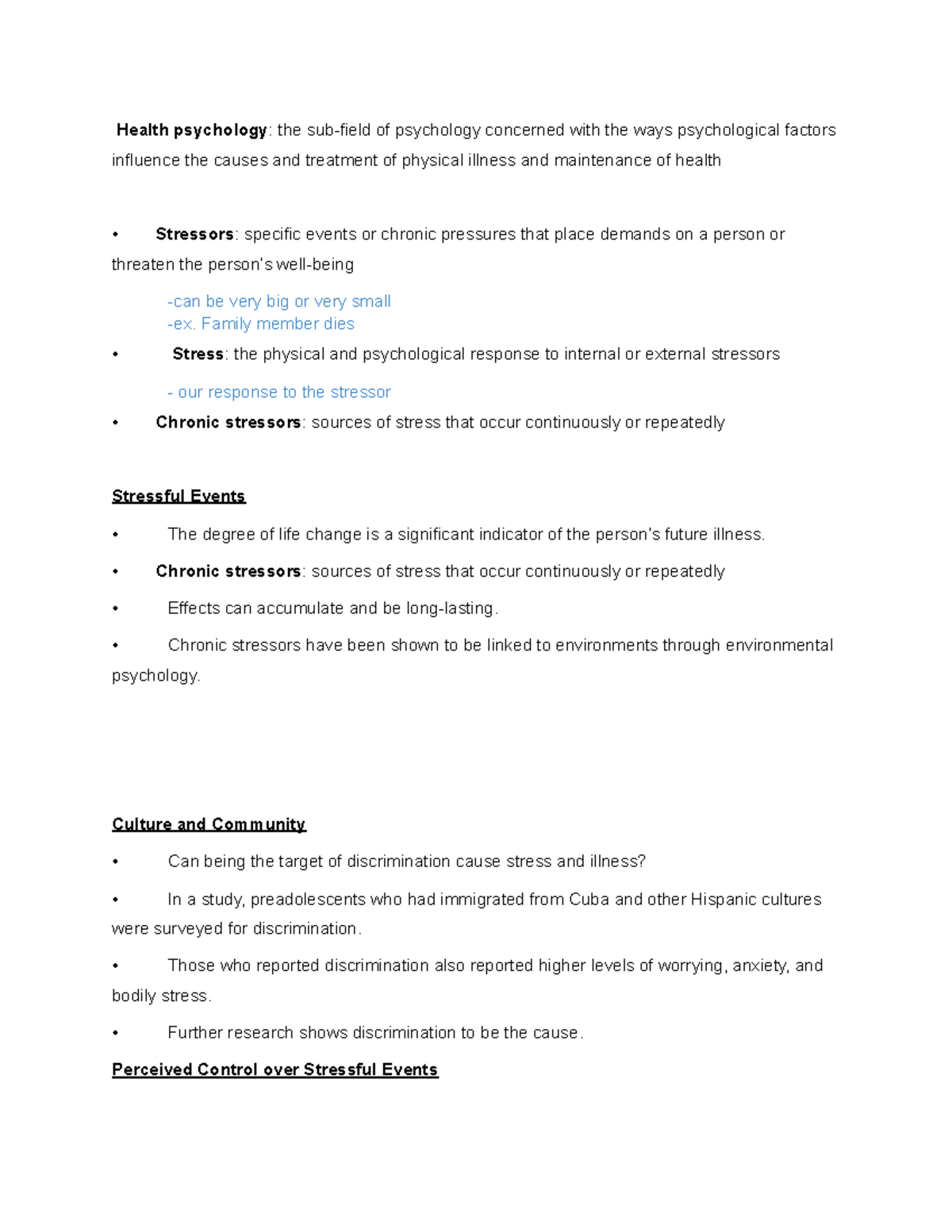 Ch. 13 Psych Lecture Notes - Health psychology: the sub-field of ...