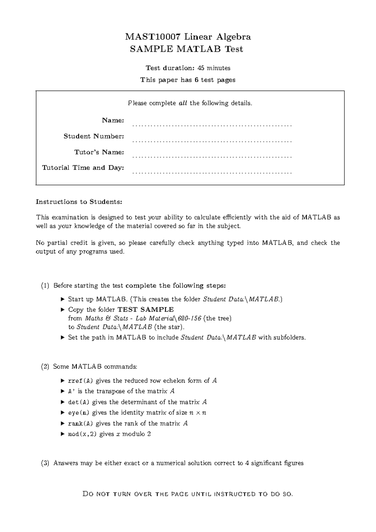 Practice Exam 2011, Linear Algebra, questions - MAST10007 Linear ...