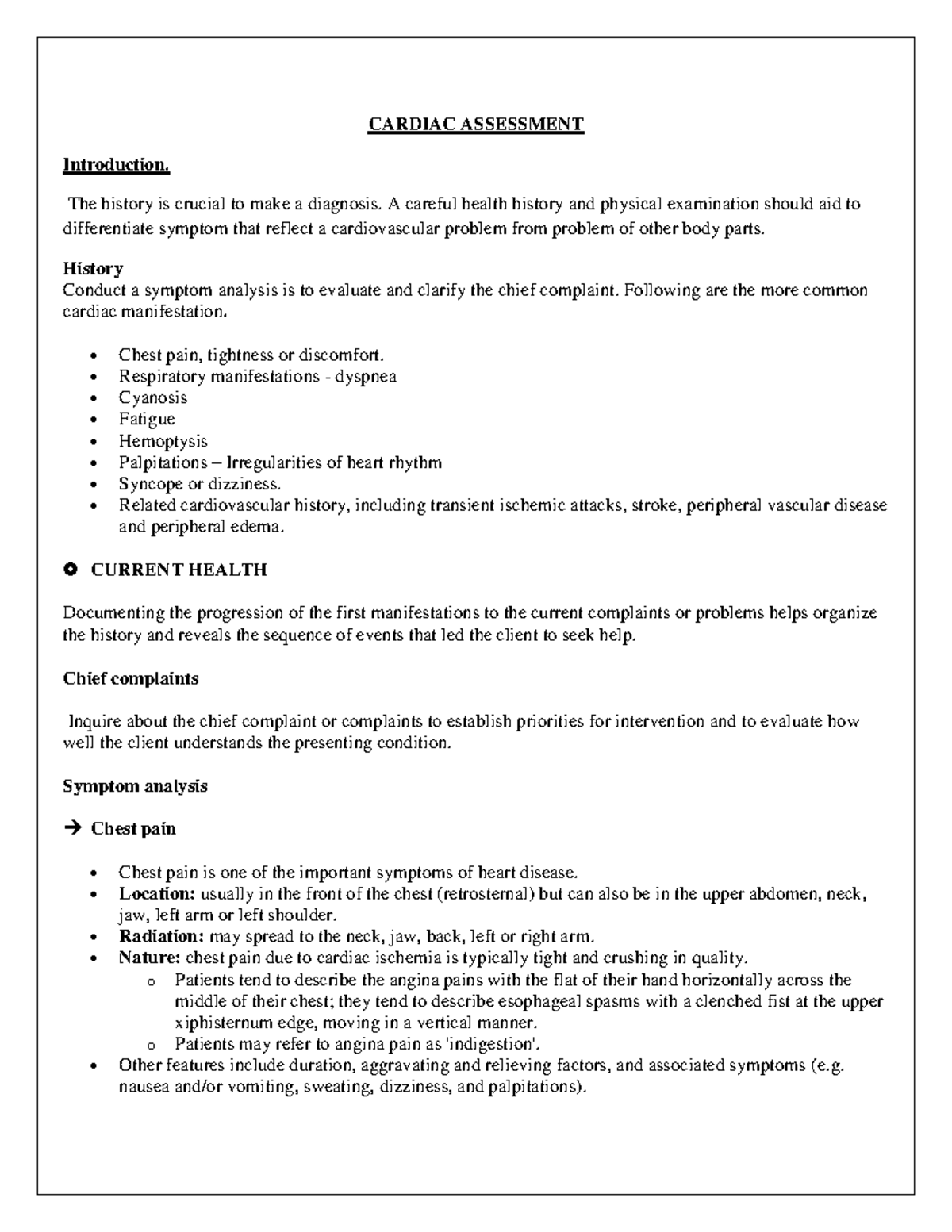 1c Cardiac Assessment - Lucture notes - CARDIAC ASSESSMENT Introduction ...