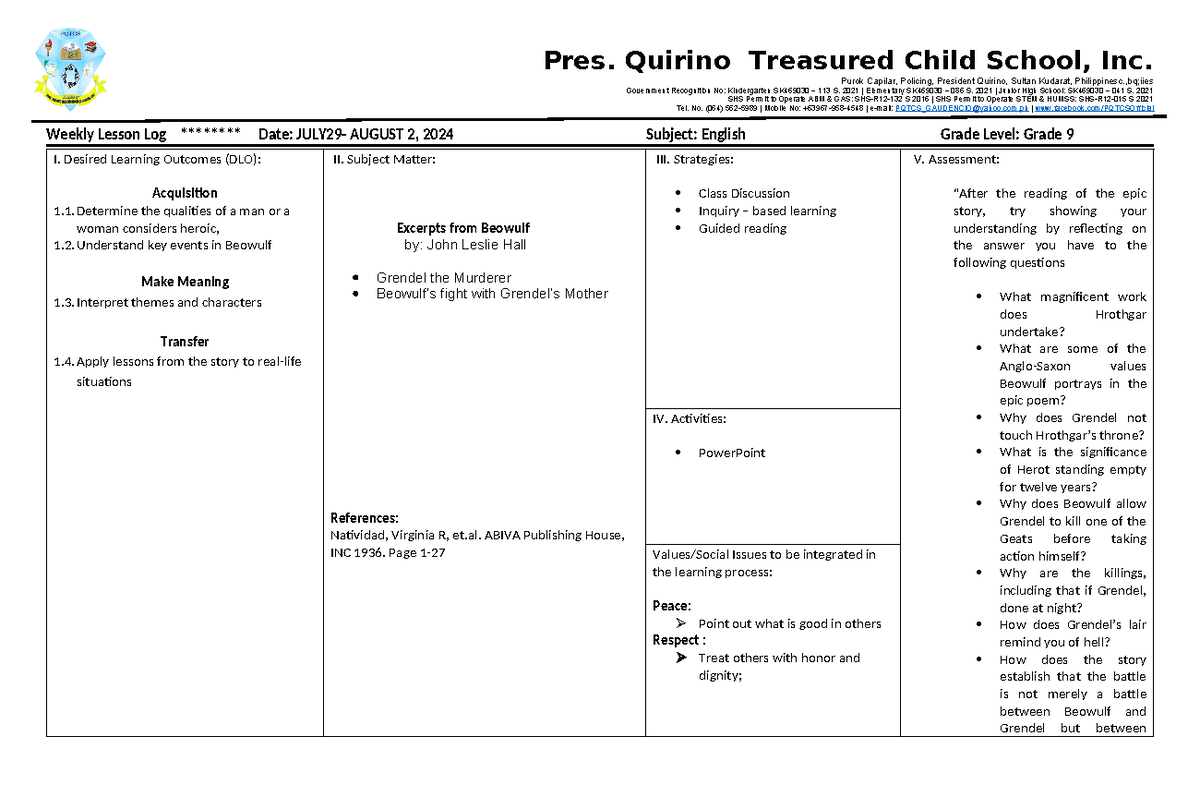 WLL English 9 - Weakly lesson plan - Pres. Quirino Treasured Child ...