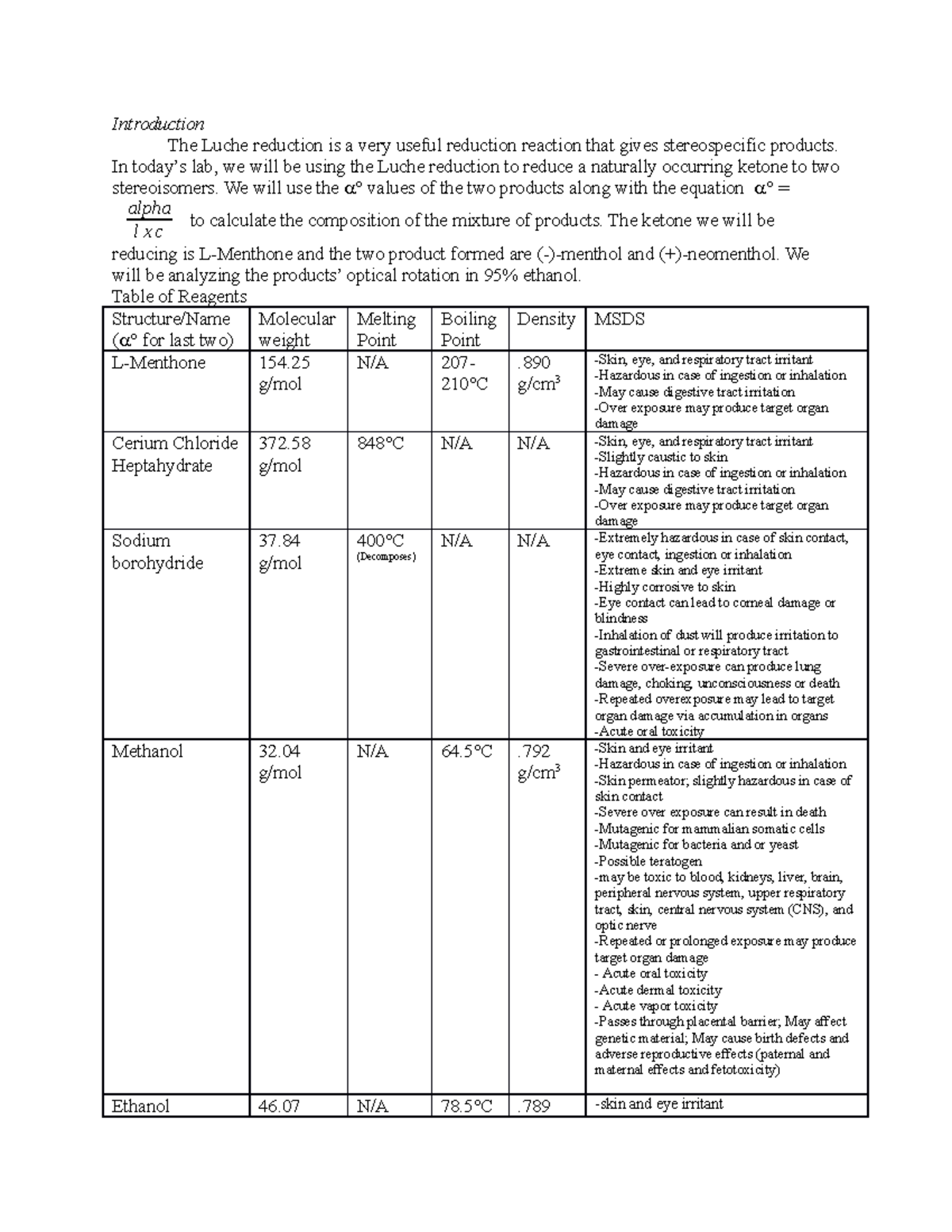 Prelab 7 Ochem 2 - Introduction The Luche reduction is a very useful ...