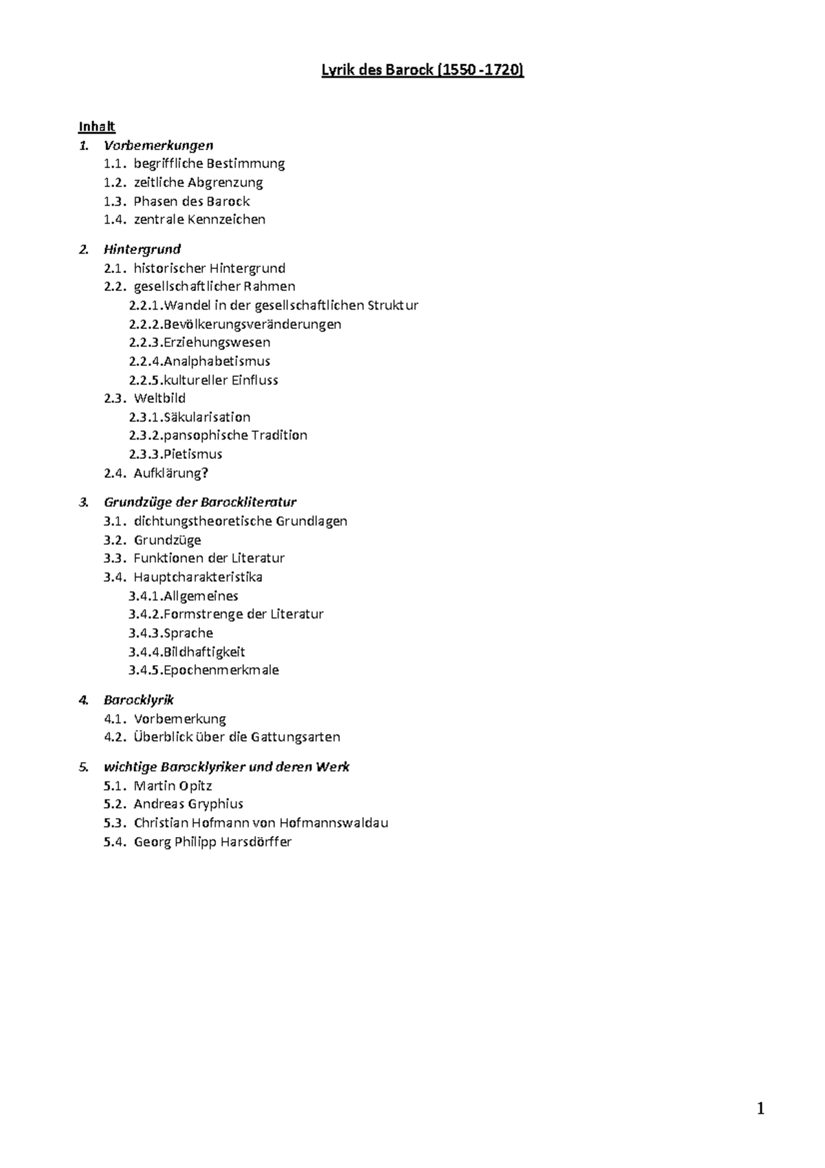 01 - Lyrik des Barock - Lyrik des Barock (1550 -1720) Inhalt 1 ...