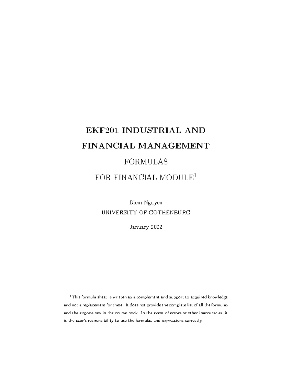 Formula sheet FM - EKF201 INDUSTRIAL AND FINANCIAL MANAGEMENT FORMULAS ...