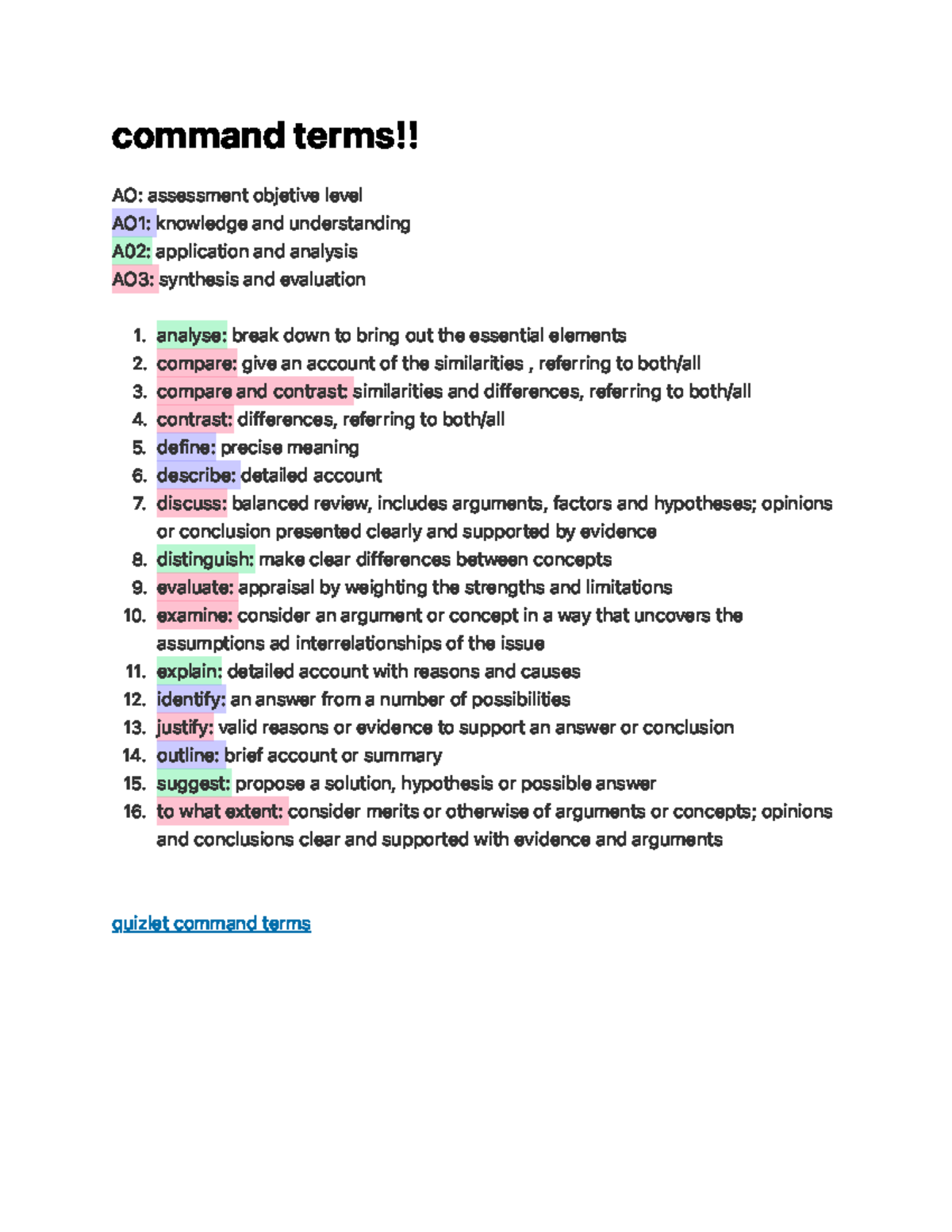 Command terms - c o m m a n d te r m s!! AO: assessment objetive level ...