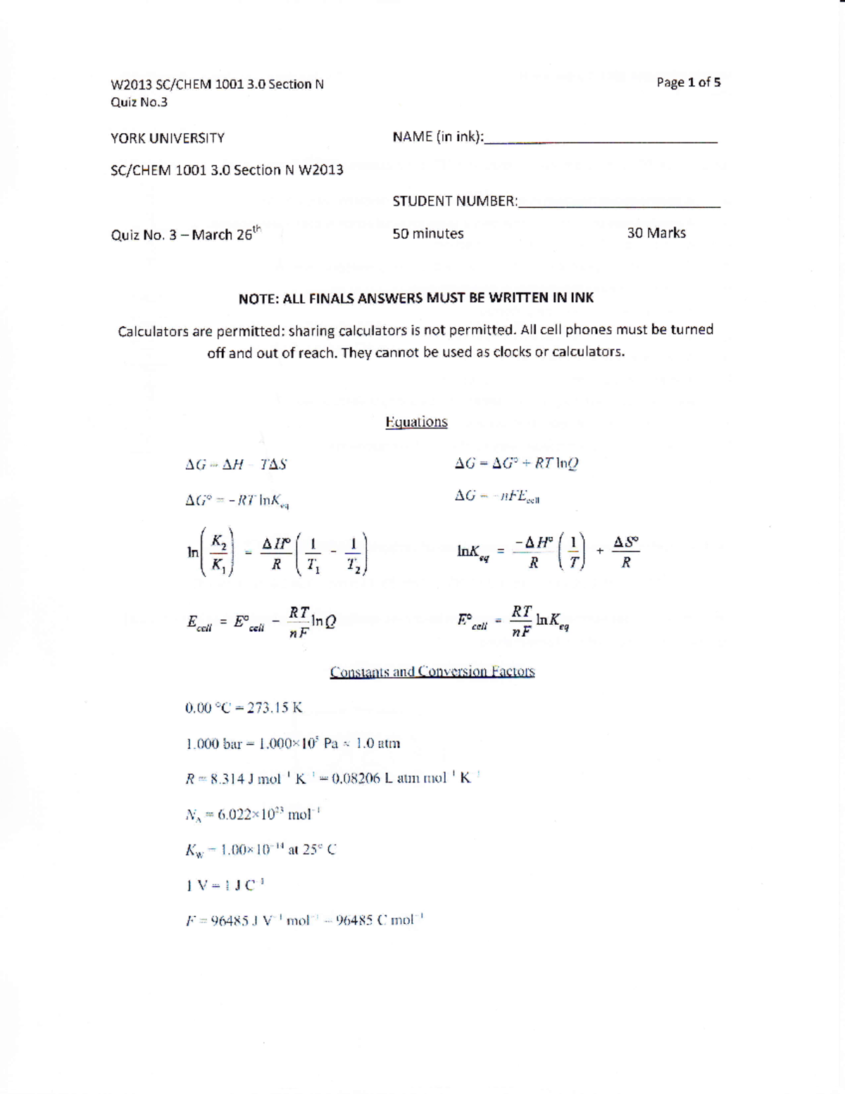 Exam 2014, questions and answers - W2013 100L 3 Section Quiz No Page 1 of 5 N NAME (in ink ...