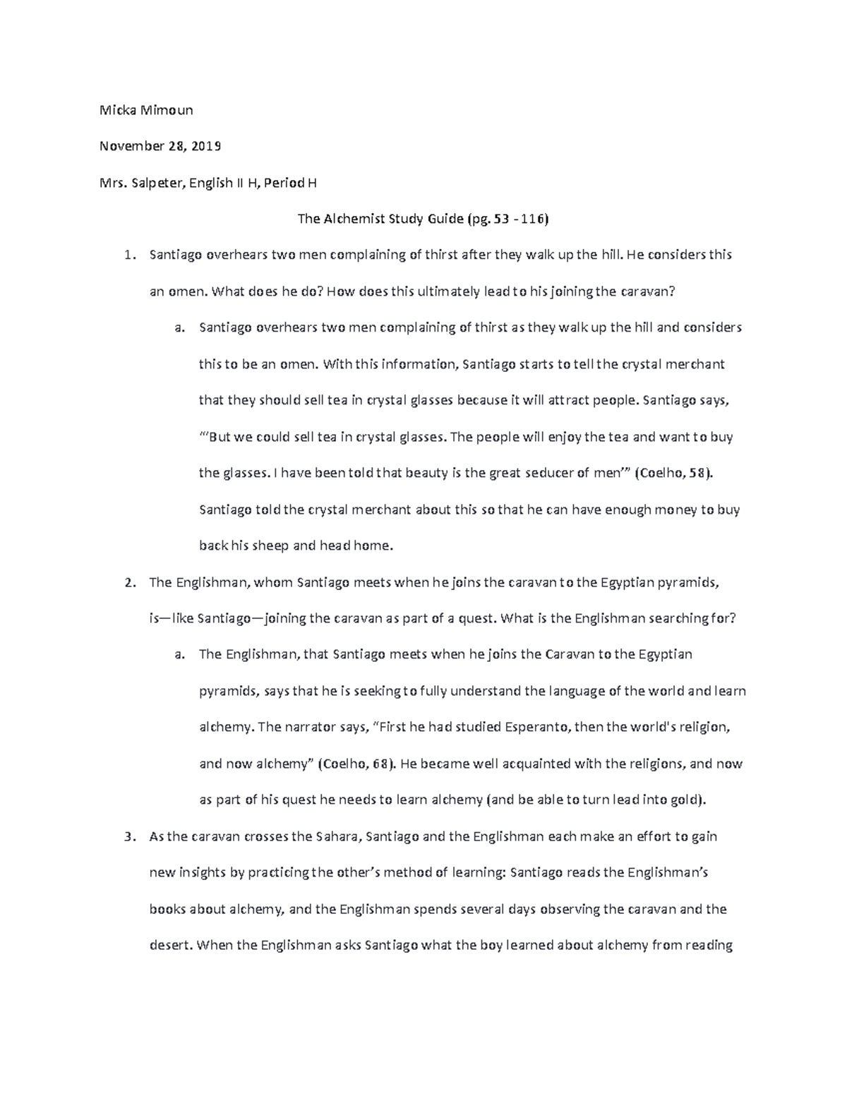 The Alchemist Study Guide (pg. 53 - 116) - Micka Mimoun November 28 ...