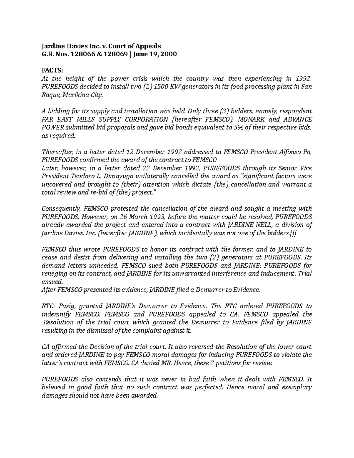 Report - case digest - Jardine Davies Inc. v. Court of Appeals G. Nos ...