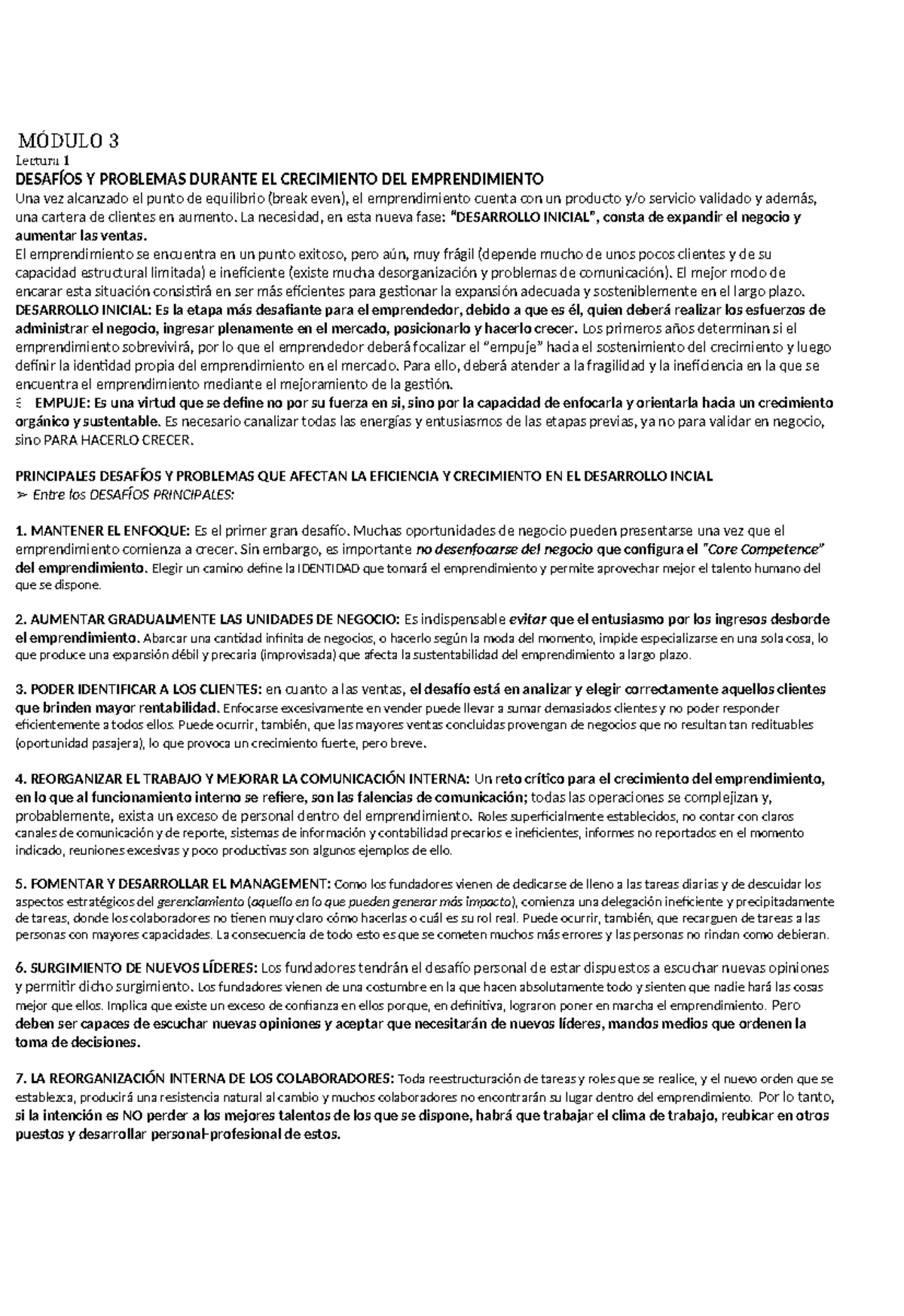 Desarrollo Emprendedor - Modulo 3 - MÓDULO 3 Lectura 1 DESAFÍOS Y PROBLEMAS DURANTE EL ...