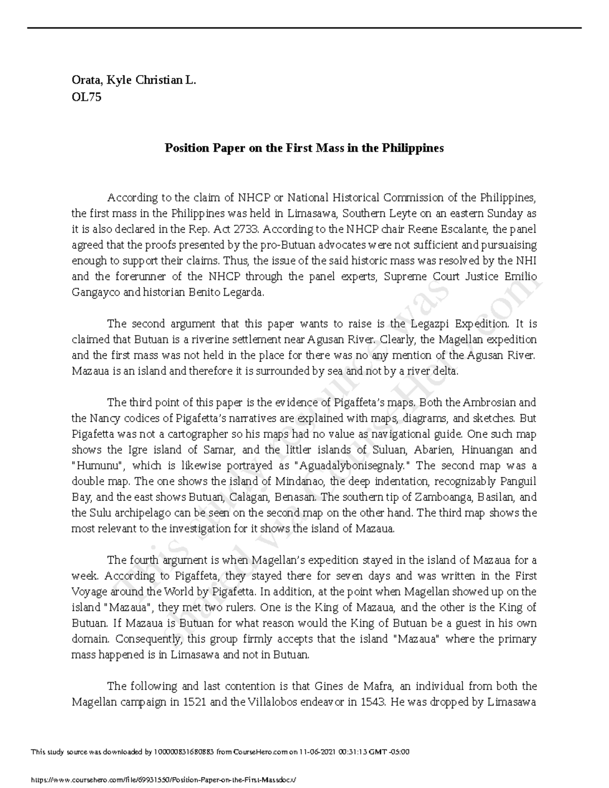 Position Paper on the First Mass - General - Studocu