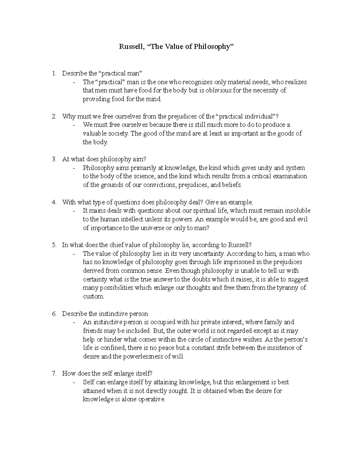 The value of Philosophy Questions - Russell, “The Value of Philosophy ...