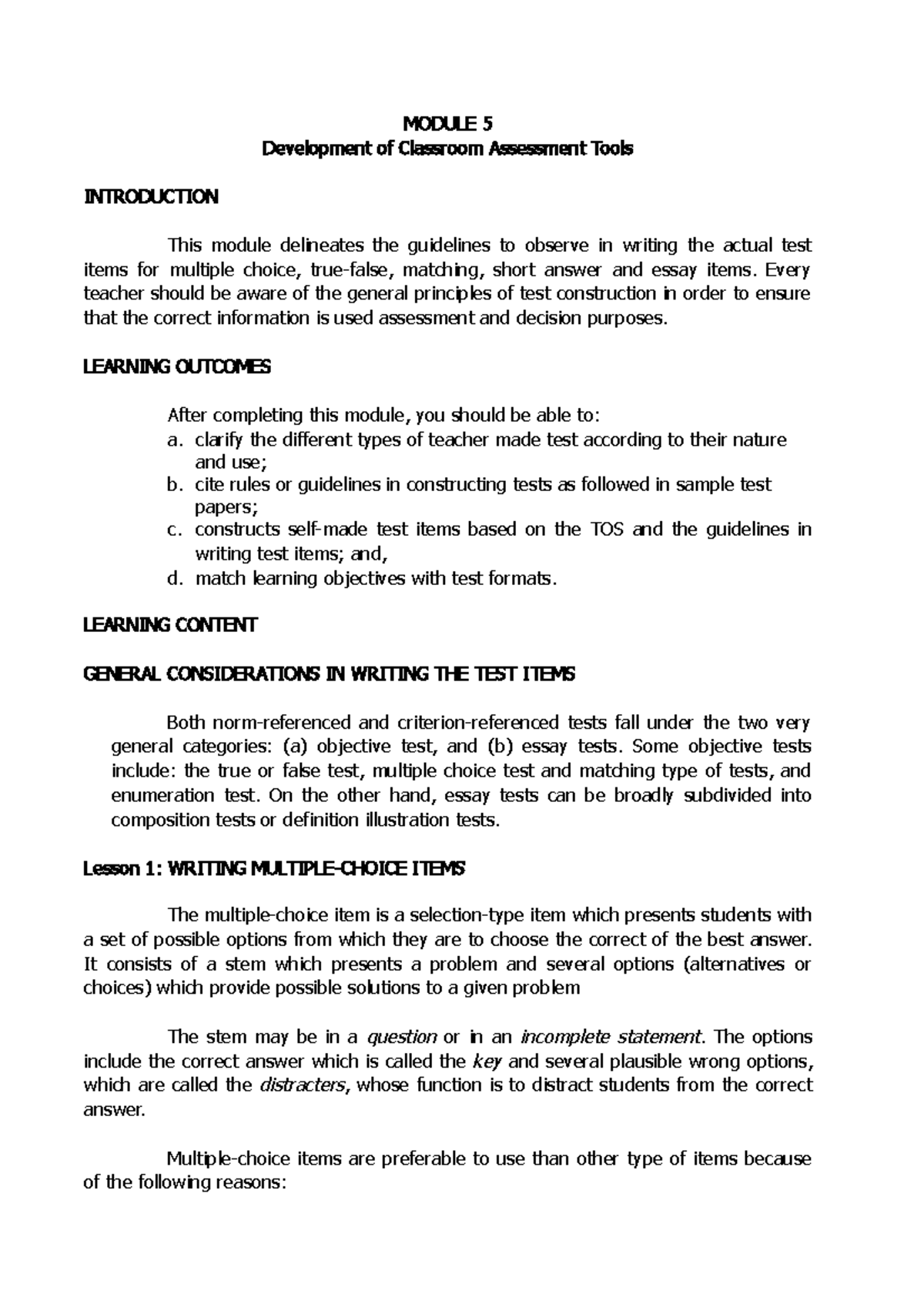 Module 5 Development of Classroom Assessment Tools - MODULE 5 ...