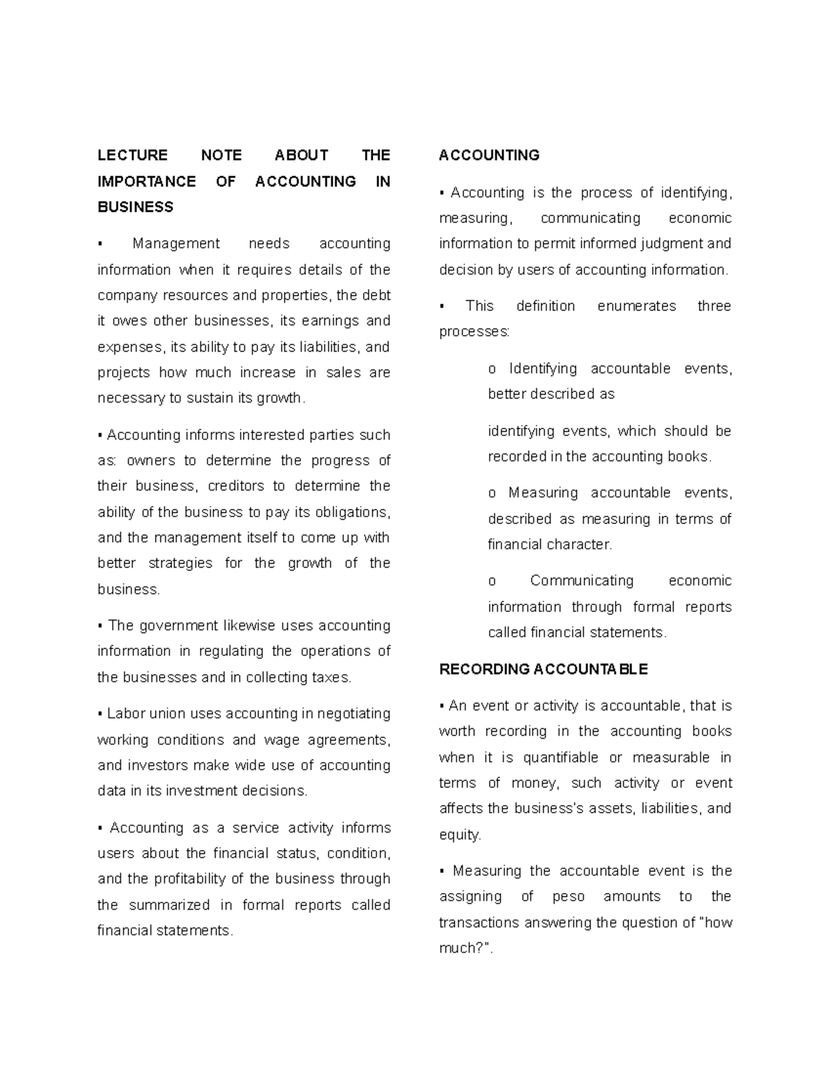 Lecture Note about Accounting Importance in Business - LECTURE NOTE ...