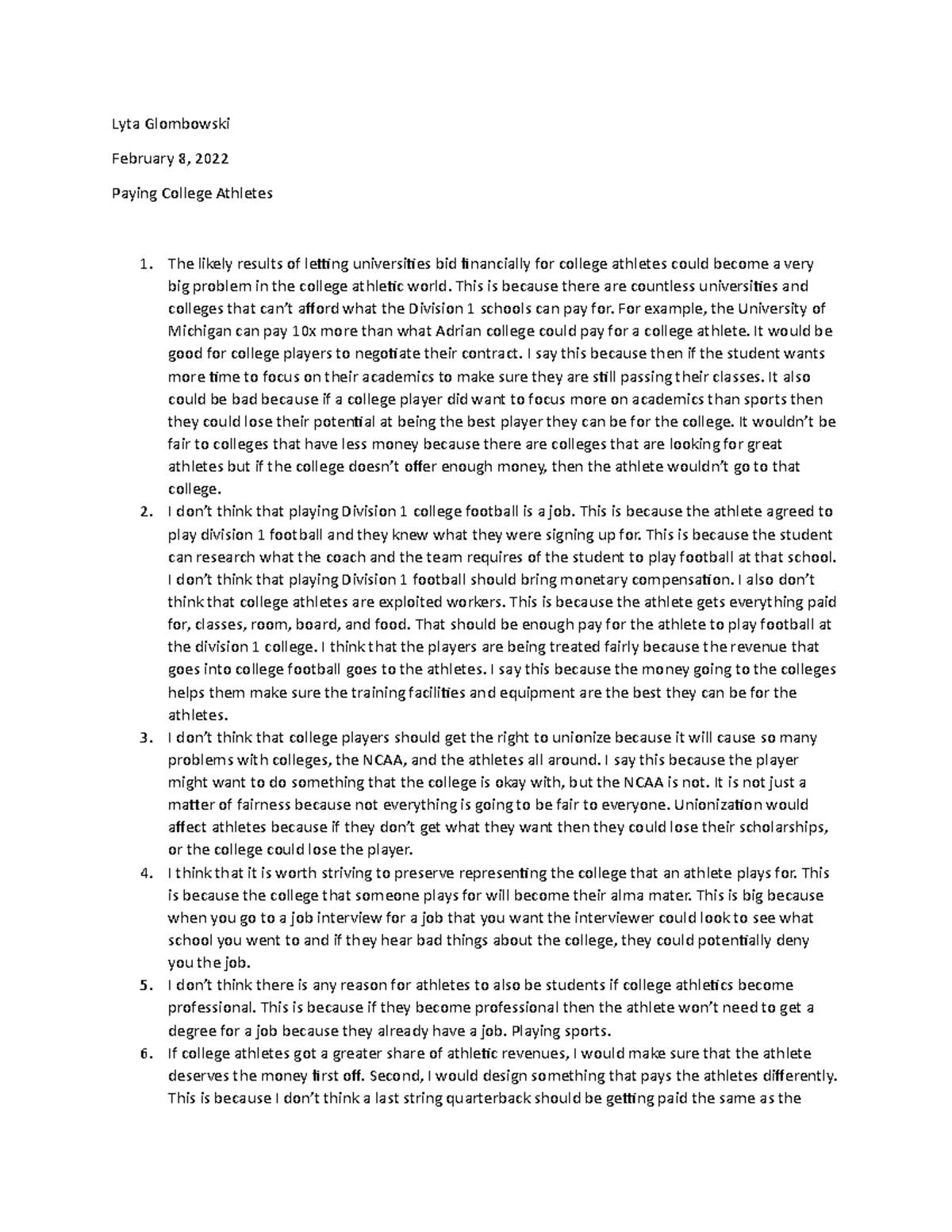 3- Paying College Athletes - Lyta Glombowski February 8, 2022 Paying ...