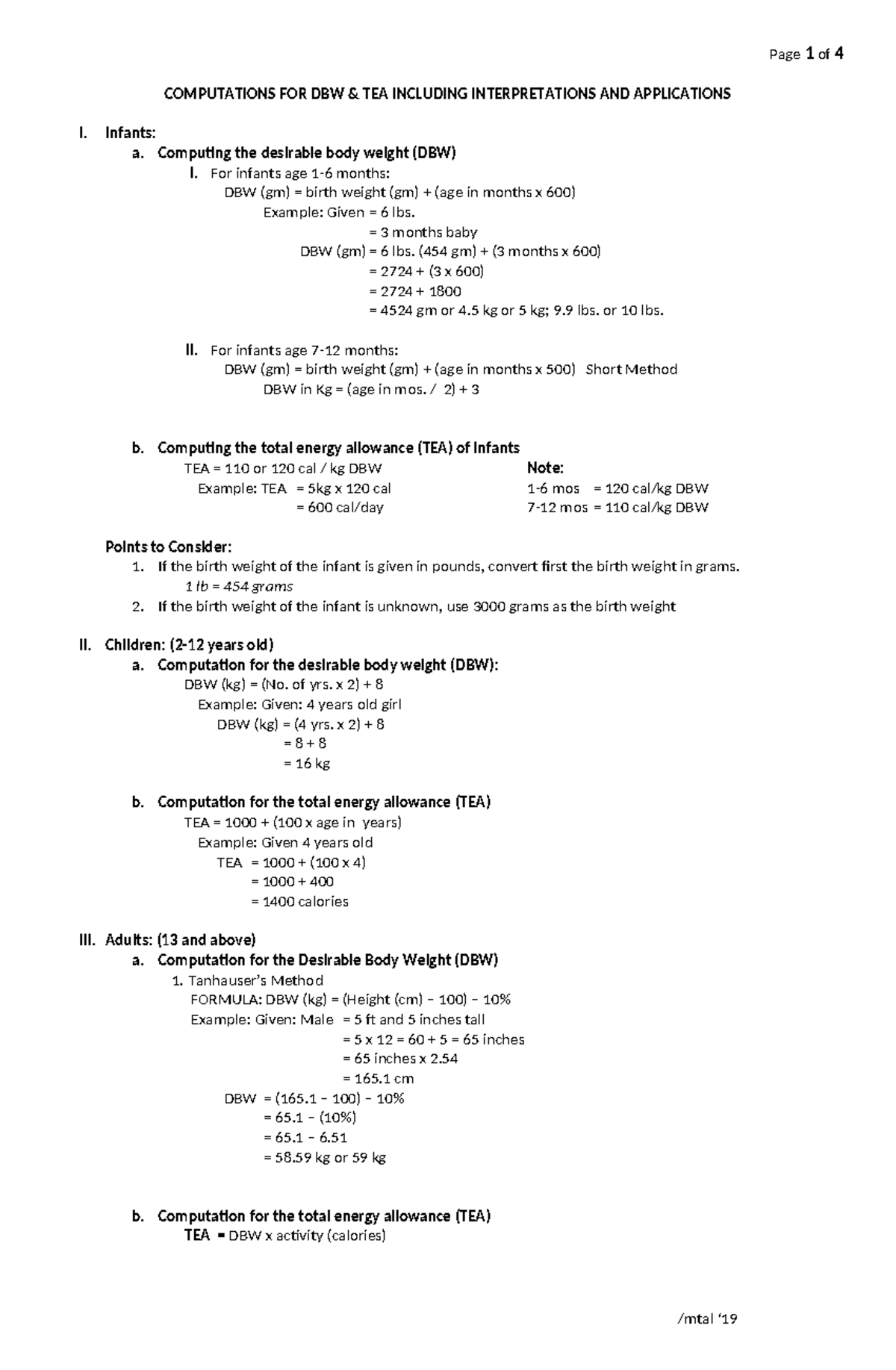 Computations OF DBW & TEA - COMPUTATIONS FOR DBW & TEA INCLUDING ...