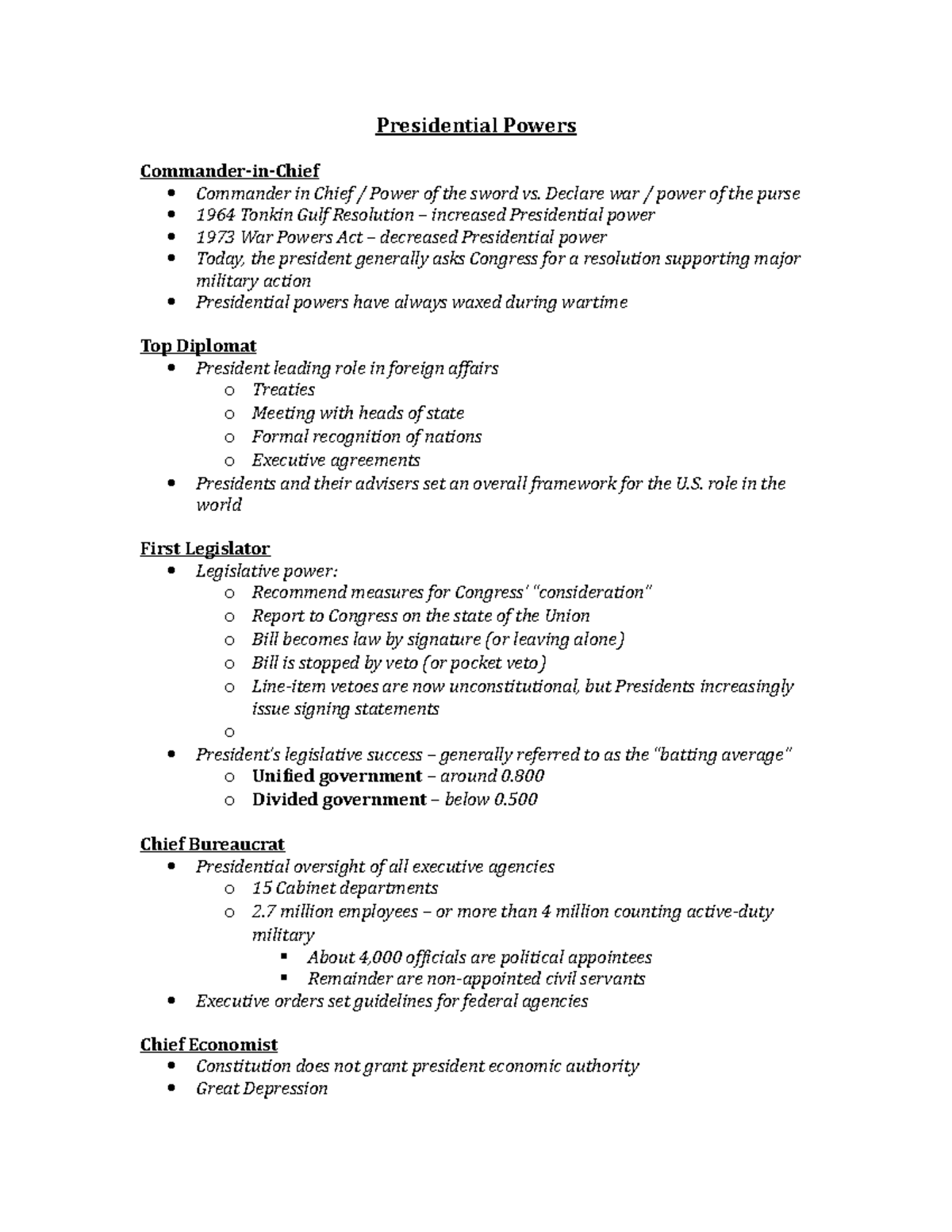 11-05 Lecture Notes - Presidential Powers Commander-in-Chief Commander ...