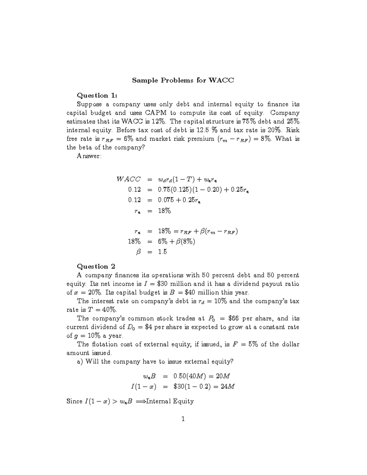 WACC-sample - Sample questions on WACC- Corporate Finance - Sample ...