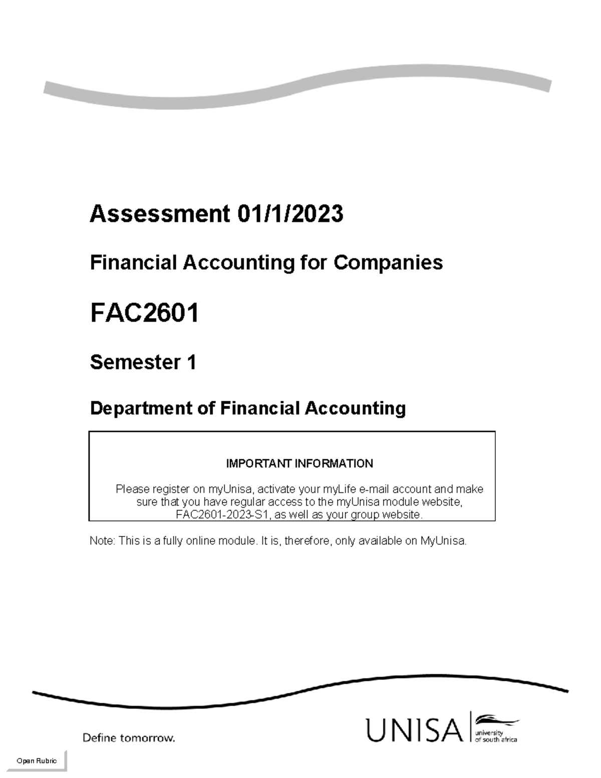 FAC2601 Assessment 1 S1 2023 - Assessment 01/1/ Financial Accounting ...