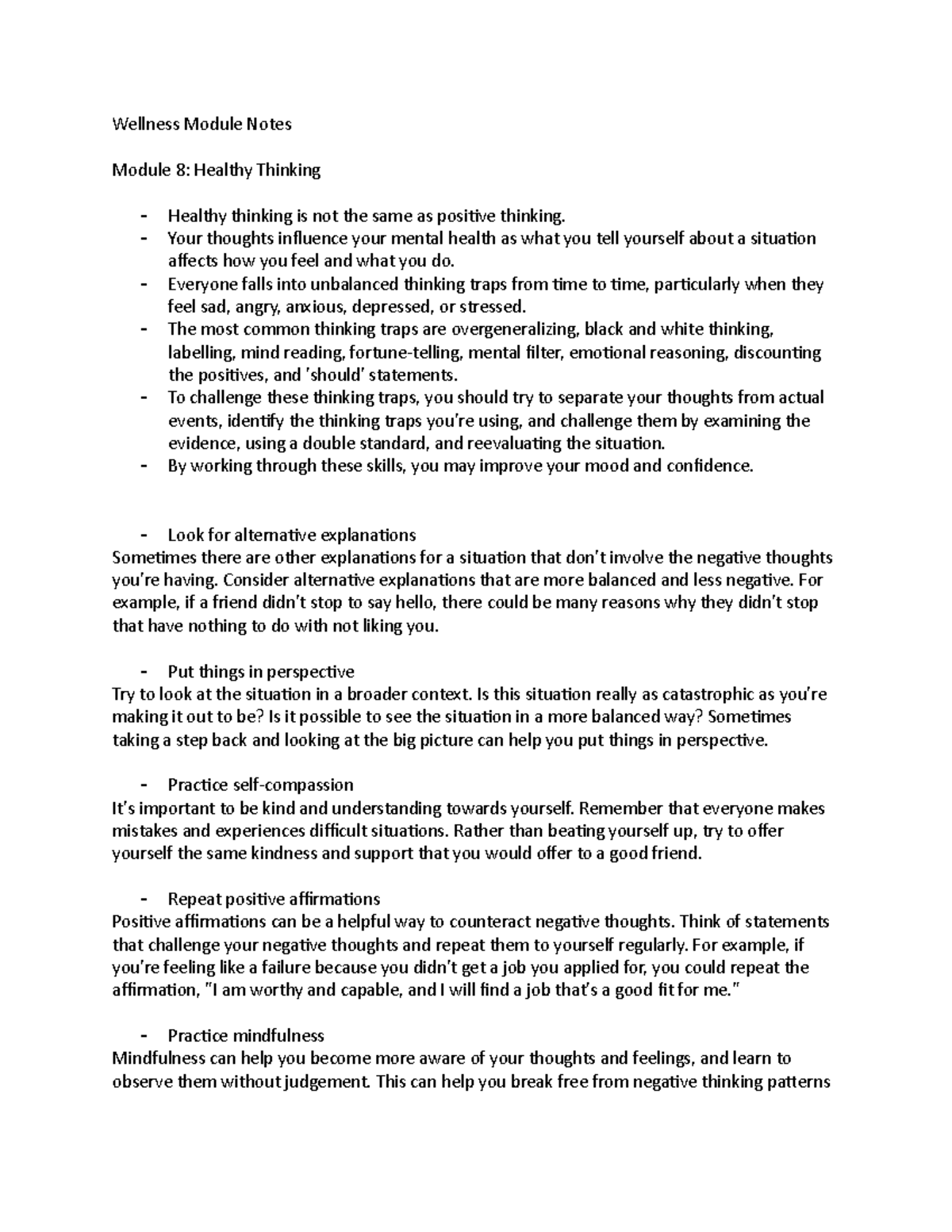 Module 8 - Wellness Module Notes Module 8: Healthy Thinking Healthy ...