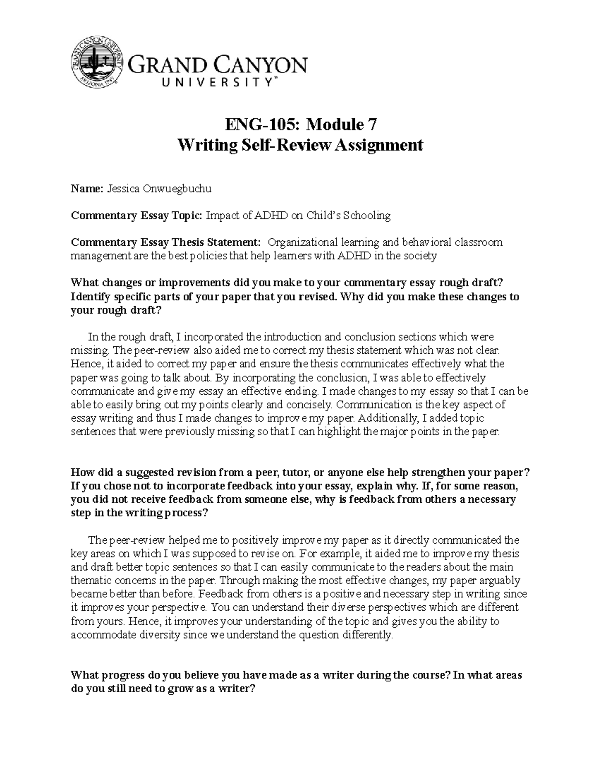 ENG105 Self Review - ENG-105: Module 7 Writing Self-Review Assignment ...