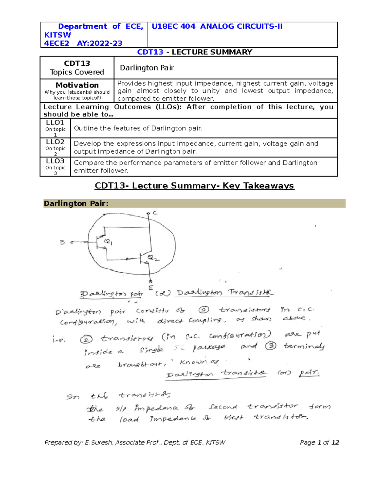 AC-II CDT13 Drlingtonpair unit2 4ECE2 ES - KITSW 4ECE2 AY:2022- CDT13 - LECTURE SUMMARY CDT ...