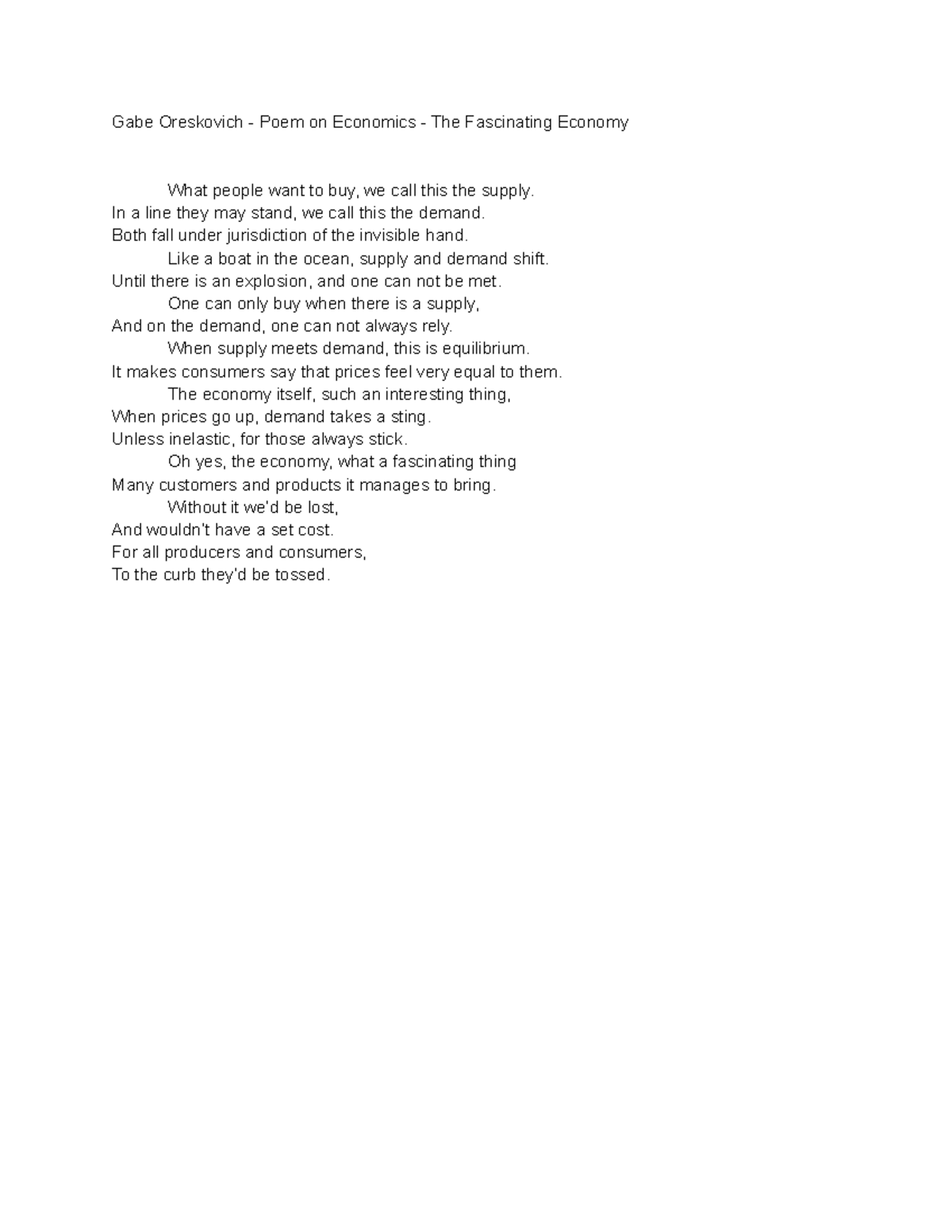 ECON Optional Assignment - Gabe Oreskovich - Poem on Economics - The ...
