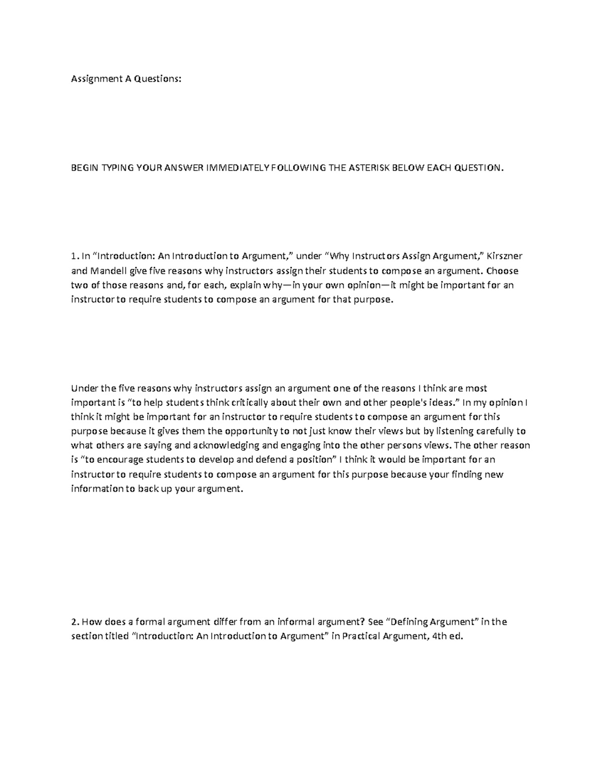 Assignment A Questions writing 1 - Assignment A Questions: BEGIN TYPING ...