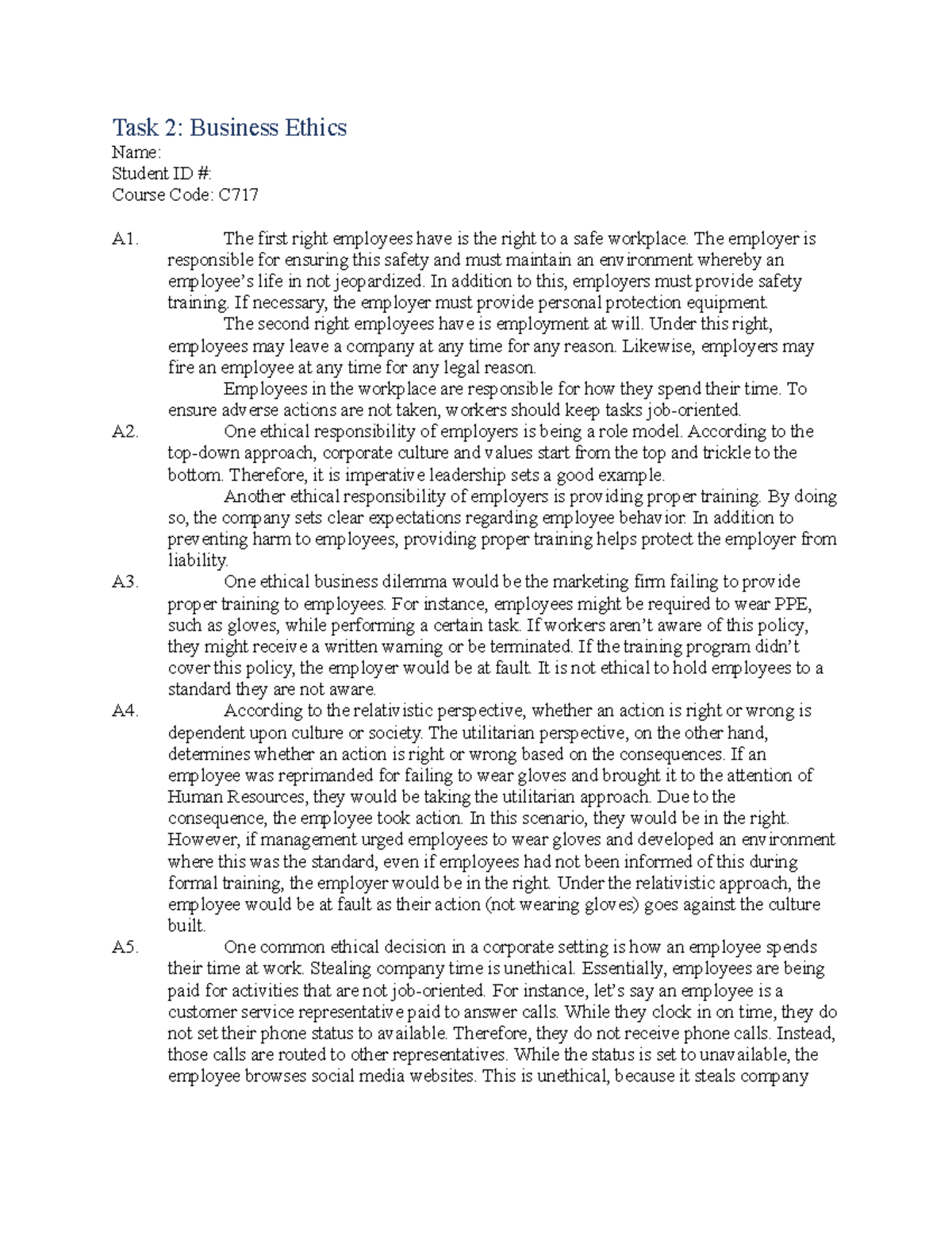 Task 2 Business Ethics - Task 2: Business Ethics Name: Student ID ...