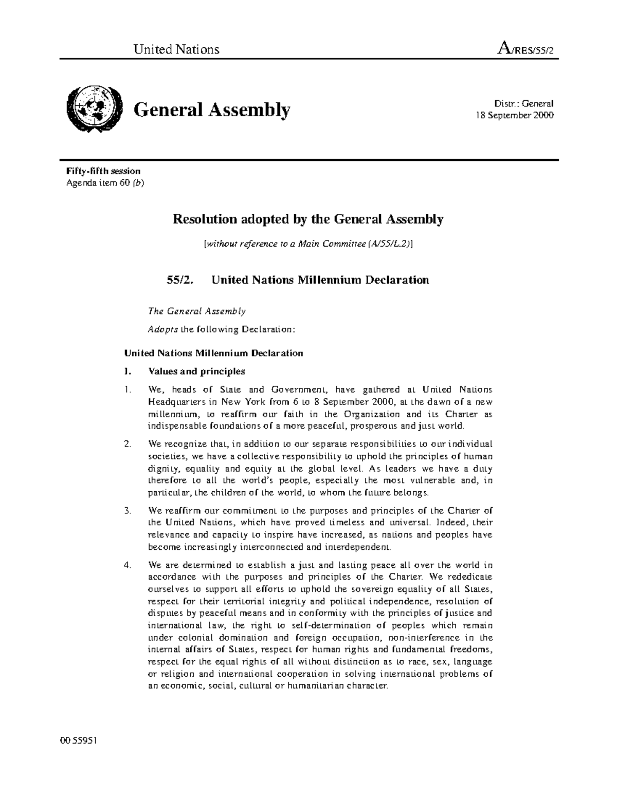 Millenium Declaration - United Nations A /RES/55/ General Assembly ...