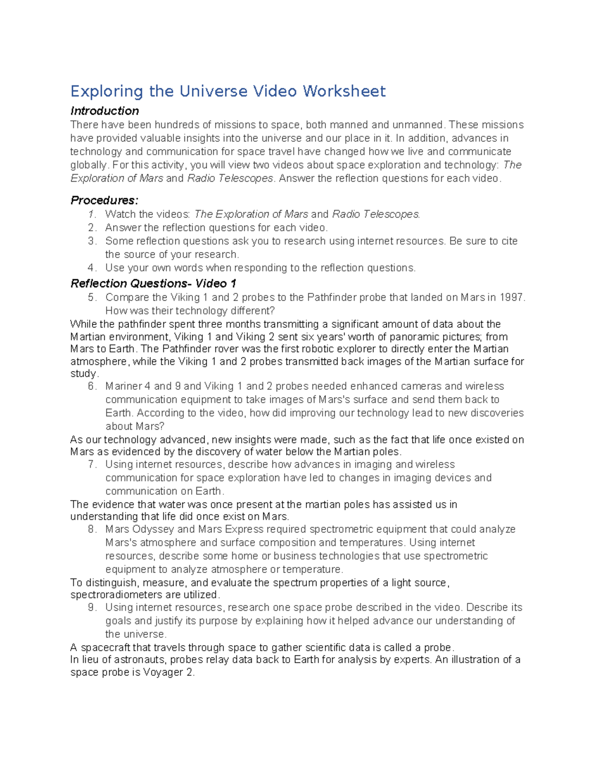 Document 129 - easy - Exploring the Universe Video Worksheet ...