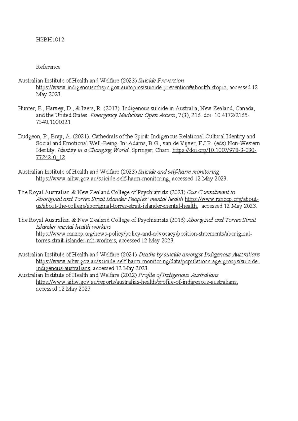 HSBH1012 script team - HSBH 1012 Reference: Australian Institute of ...