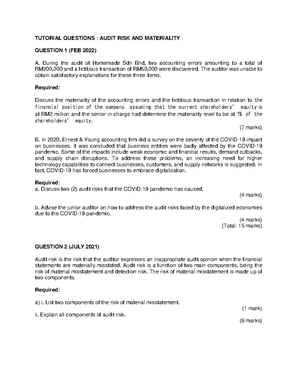 Tutorial Question - Audit RISK & Materiality - TUTORIAL QUESTIONS ...