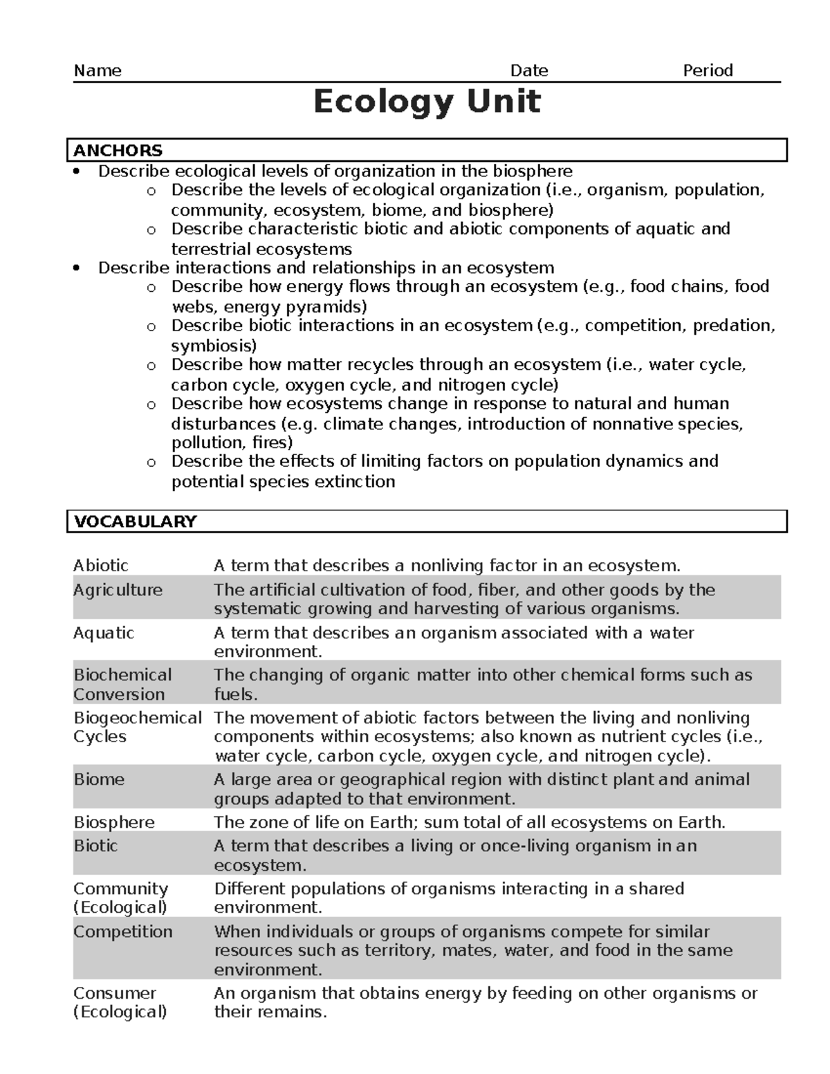 Ecology Notes 2013-2014- Teacher 2 - Name Date Period Ecology Unit ...