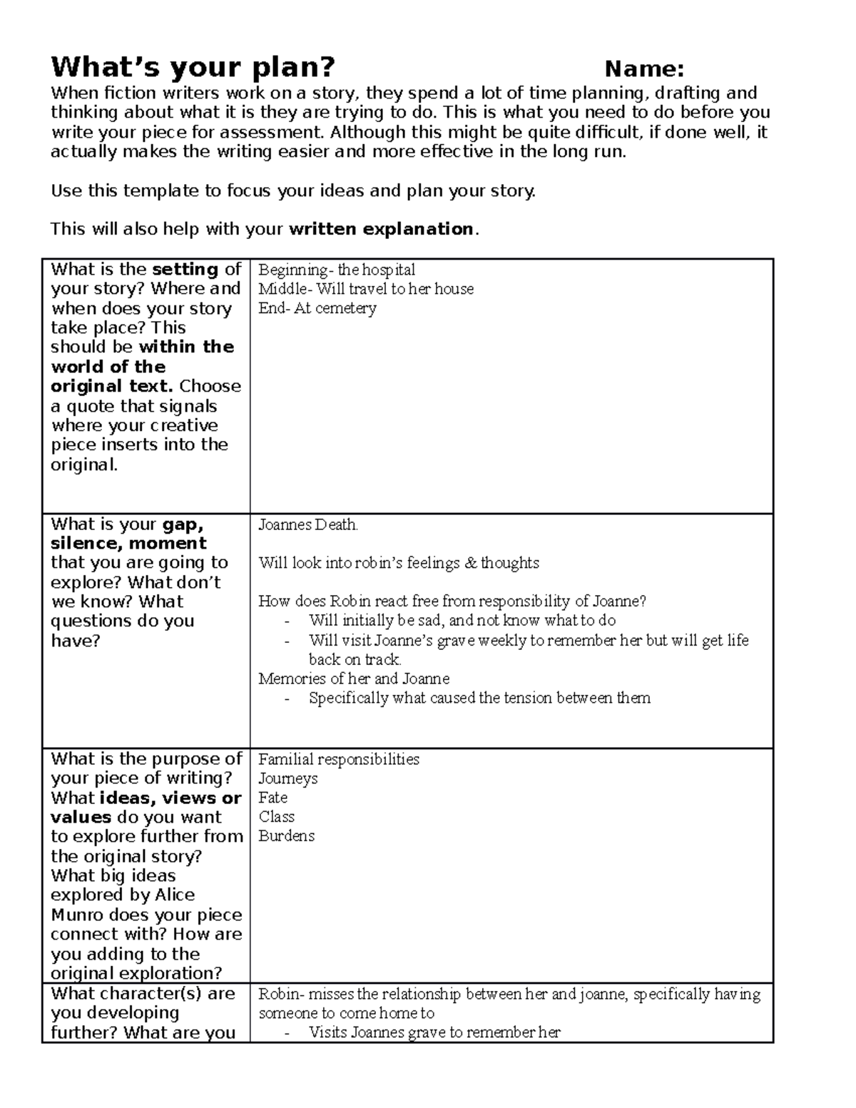 Creative Response - Planning Document - What’s your plan? Name: When ...