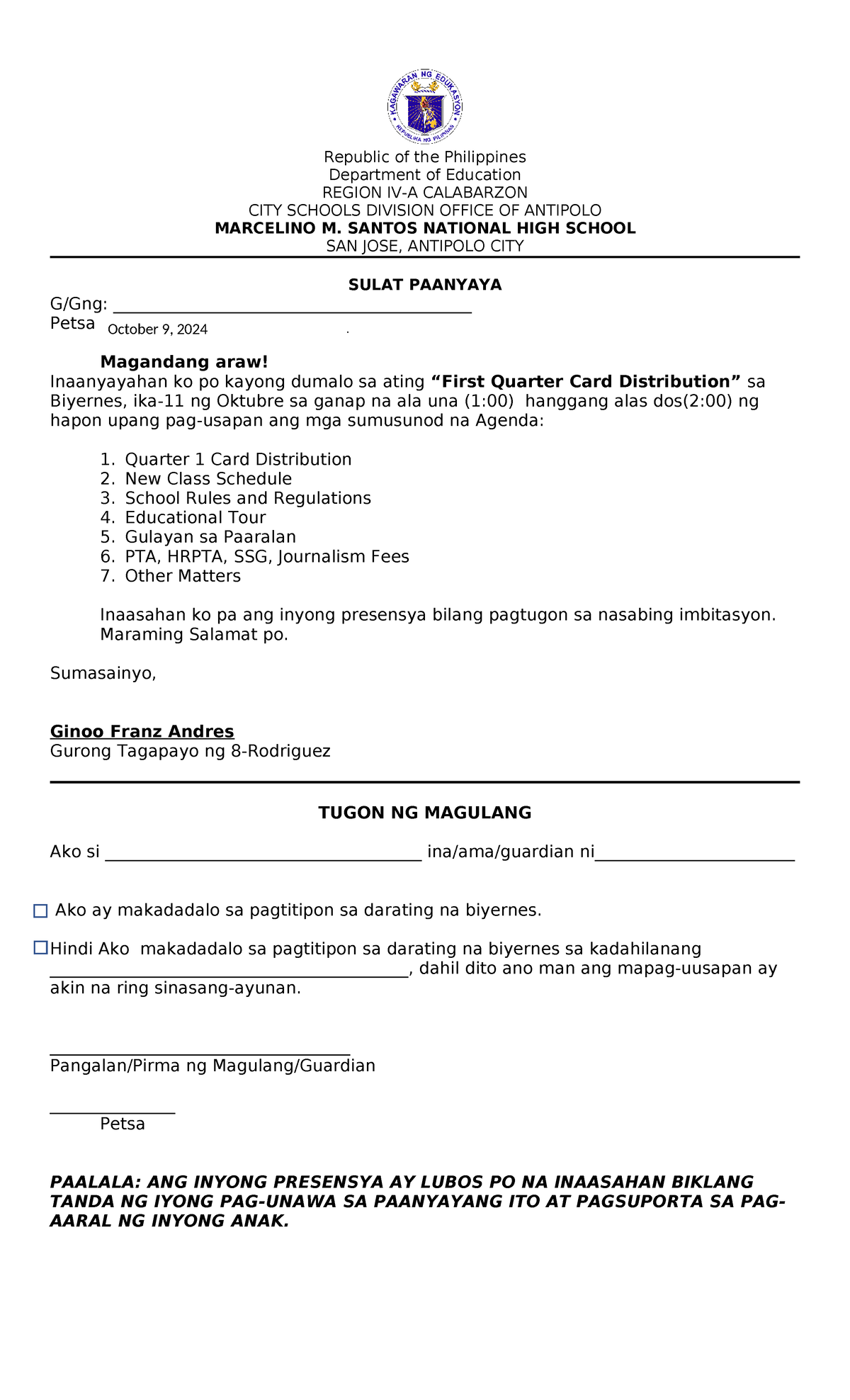 Parents-Meeting Sulat - Republic of the Philippines Department of ...