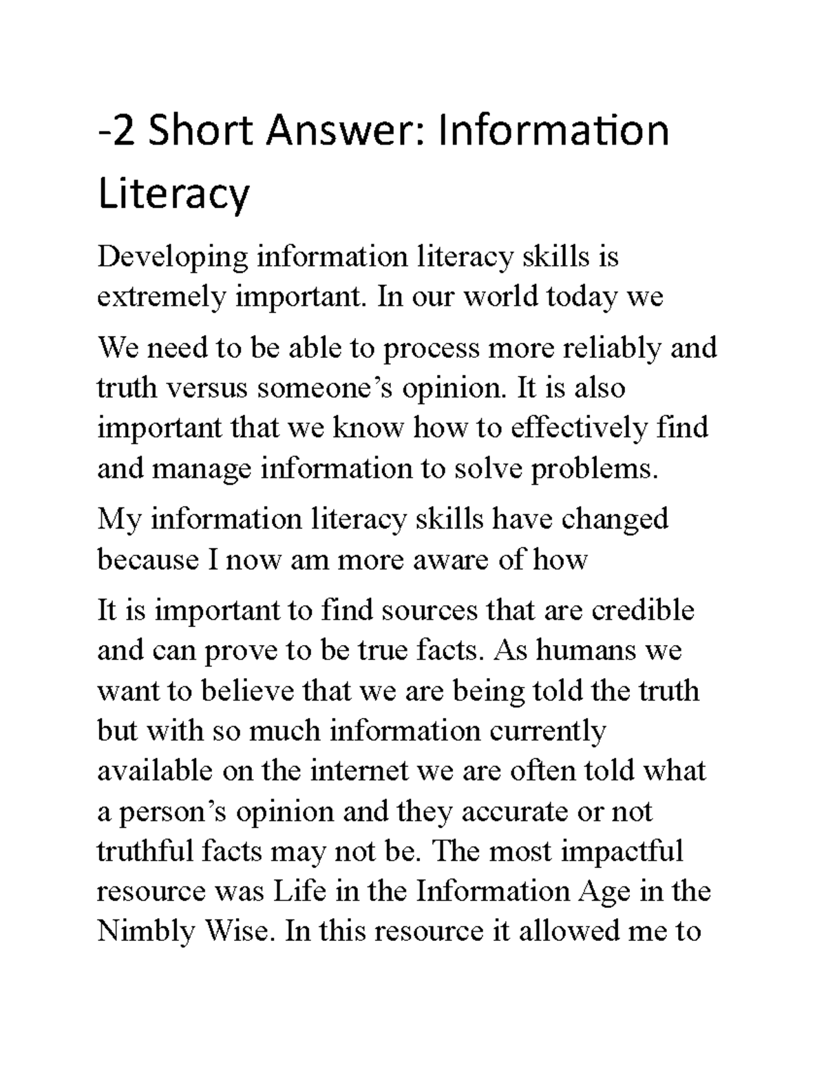 liberal arts Short answer -2 Short Answer: Information Literacy ...