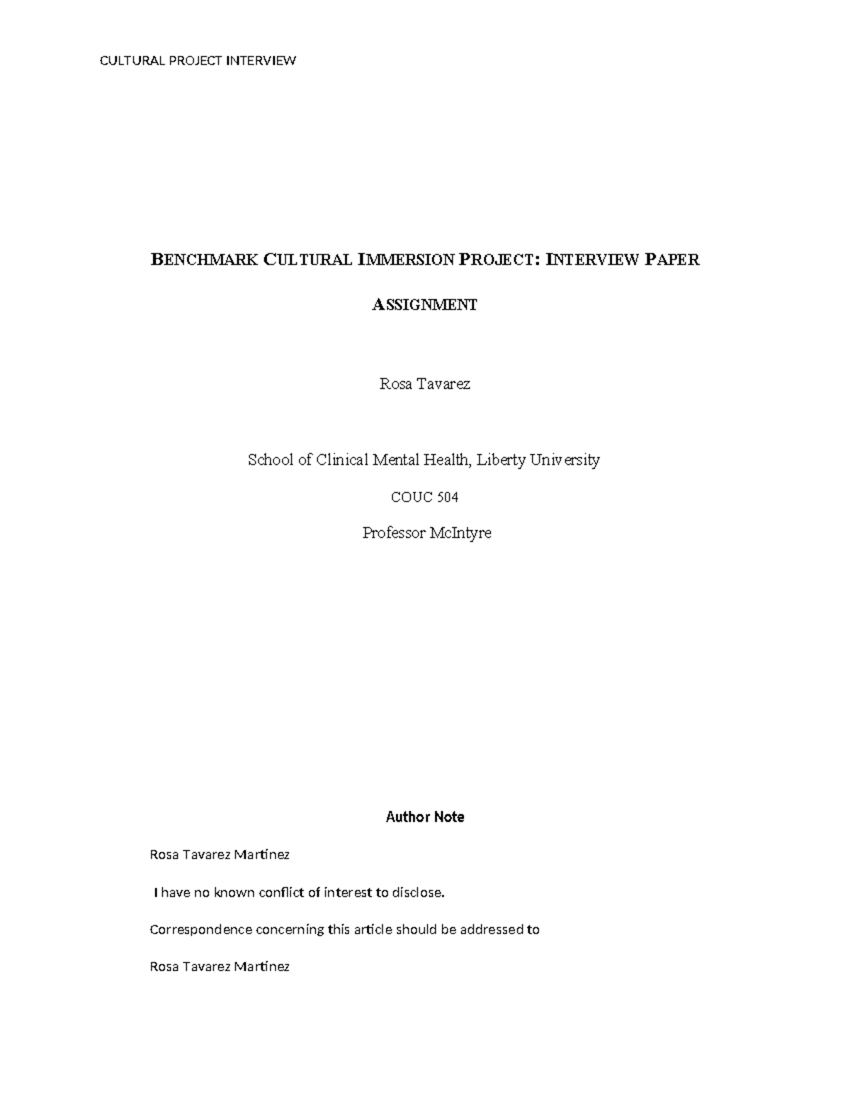 Benchmark Cultural Immersion Interview Paper Assigment - CULTURAL ...