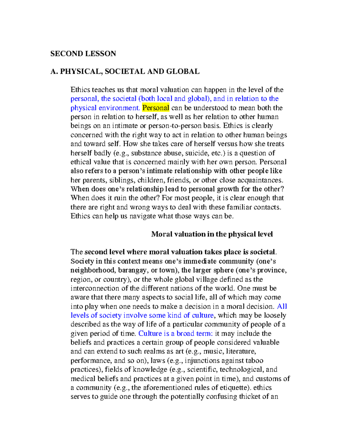 Ethics 2nd Lesson - SECOND LESSON A. PHYSICAL, SOCIETAL AND GLOBAL ...