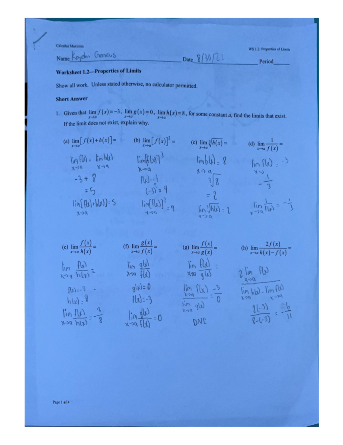 Worksheet 1.2-Properties of Limits - MAC2311 - Studocu