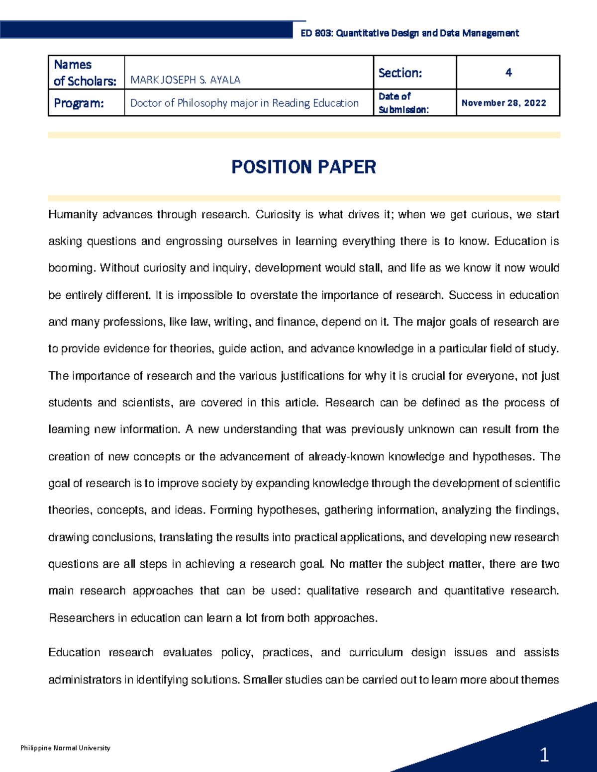 Position Paper - Philippine Normal University Names of Scholars: MARK ...