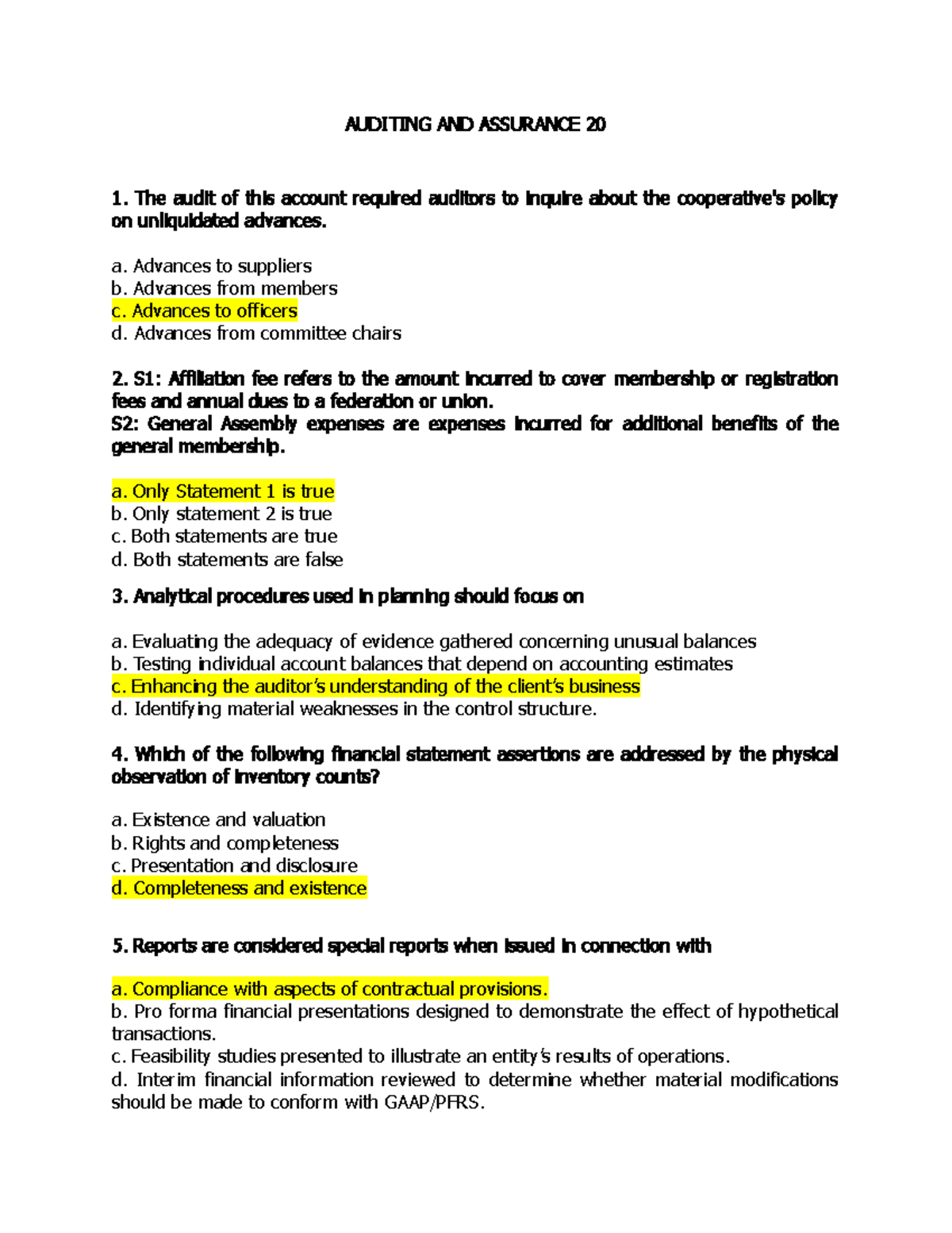 Auditing AND Assurance 20 - AUDITING AND ASSURANCE 20 The audit of this ...