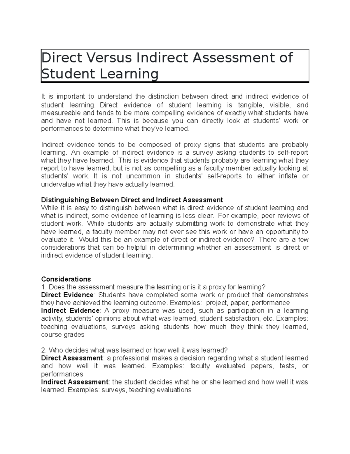 Direct Versus Indirect Assessment of Student Learning - Direct evidence ...